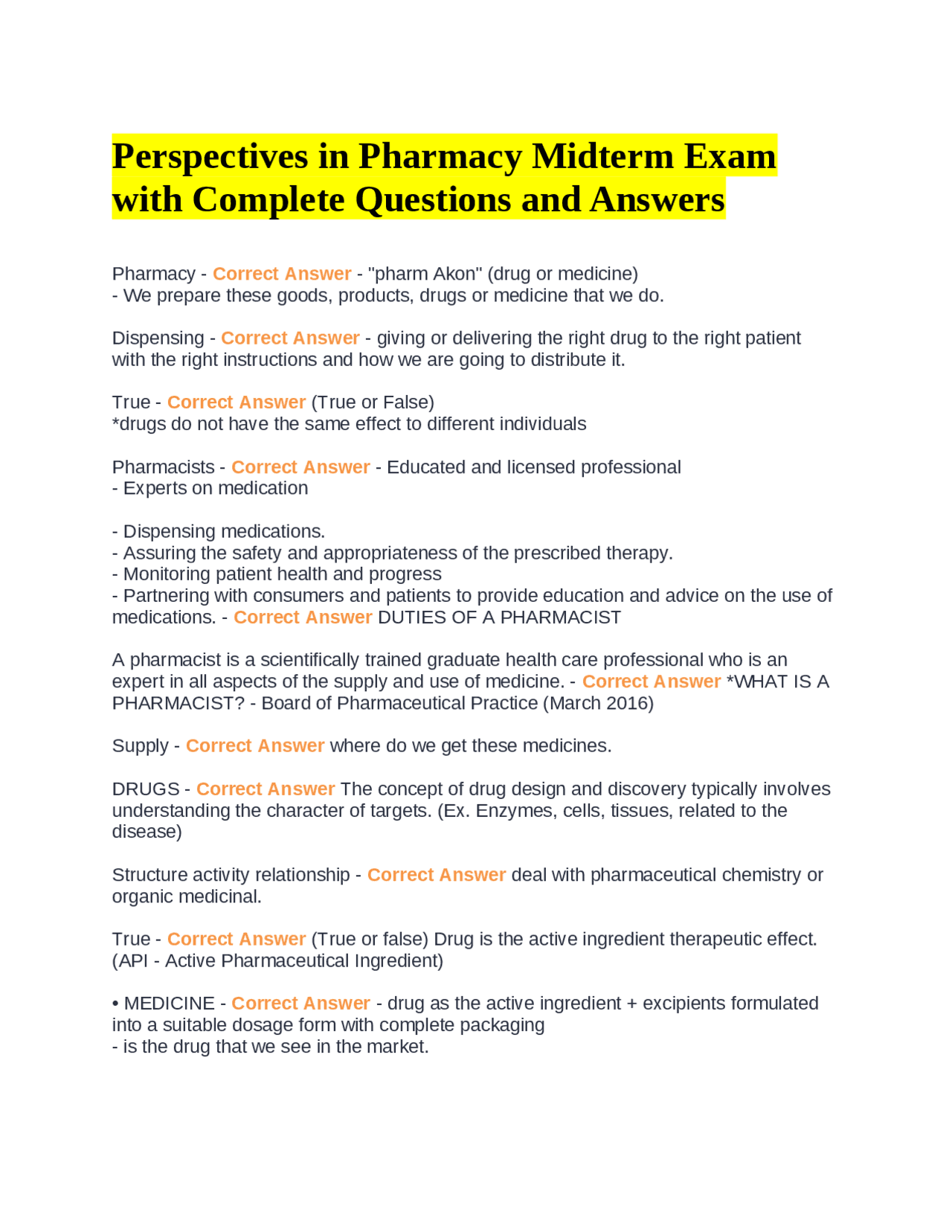 Perspectives in Pharmacy Midterm Exam with Complete Questions and Answers | Exams Nursing | Docsity