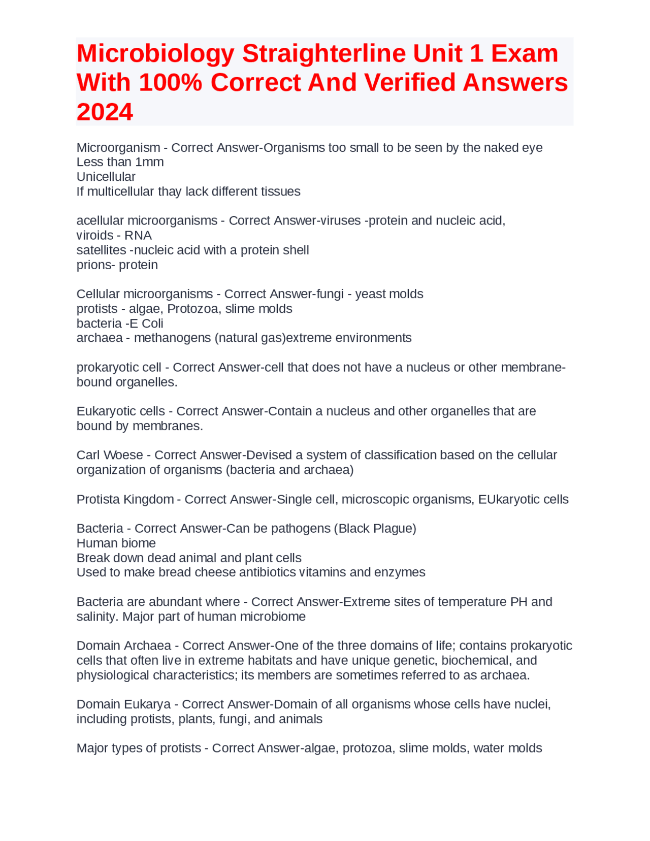 Microbiology Straighterline Unit 1 Exam With 100% Correct And Verified Answers 2024 | Exams ...