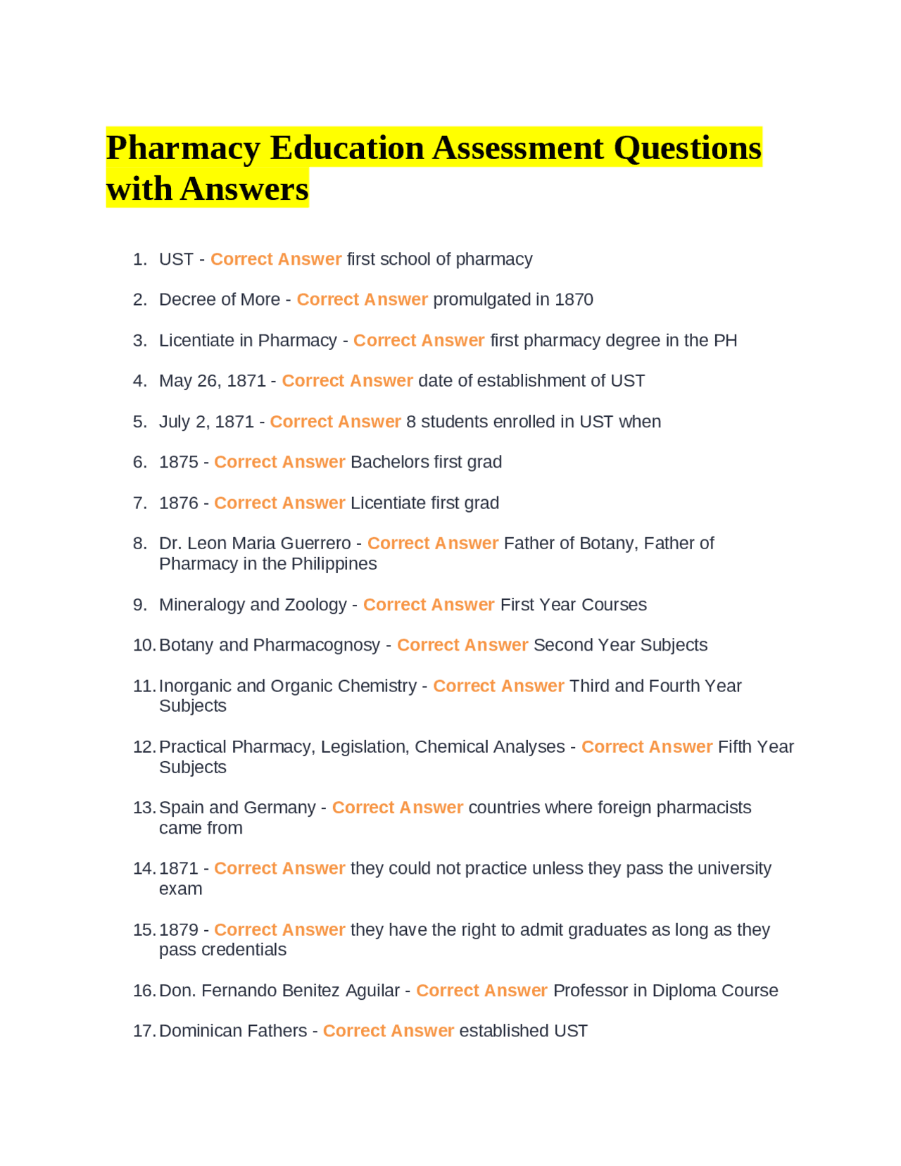 Pharmacy Education Assessment Questions with Answers | Exams Nursing ...