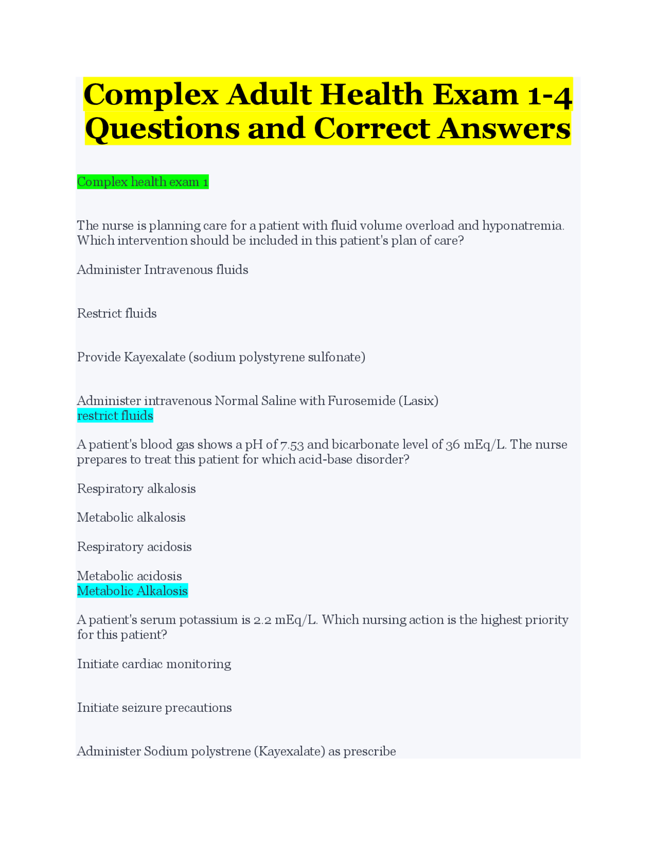 Complex Adult Health Exam 1-4 Questions and Correct Answers | Exams ...