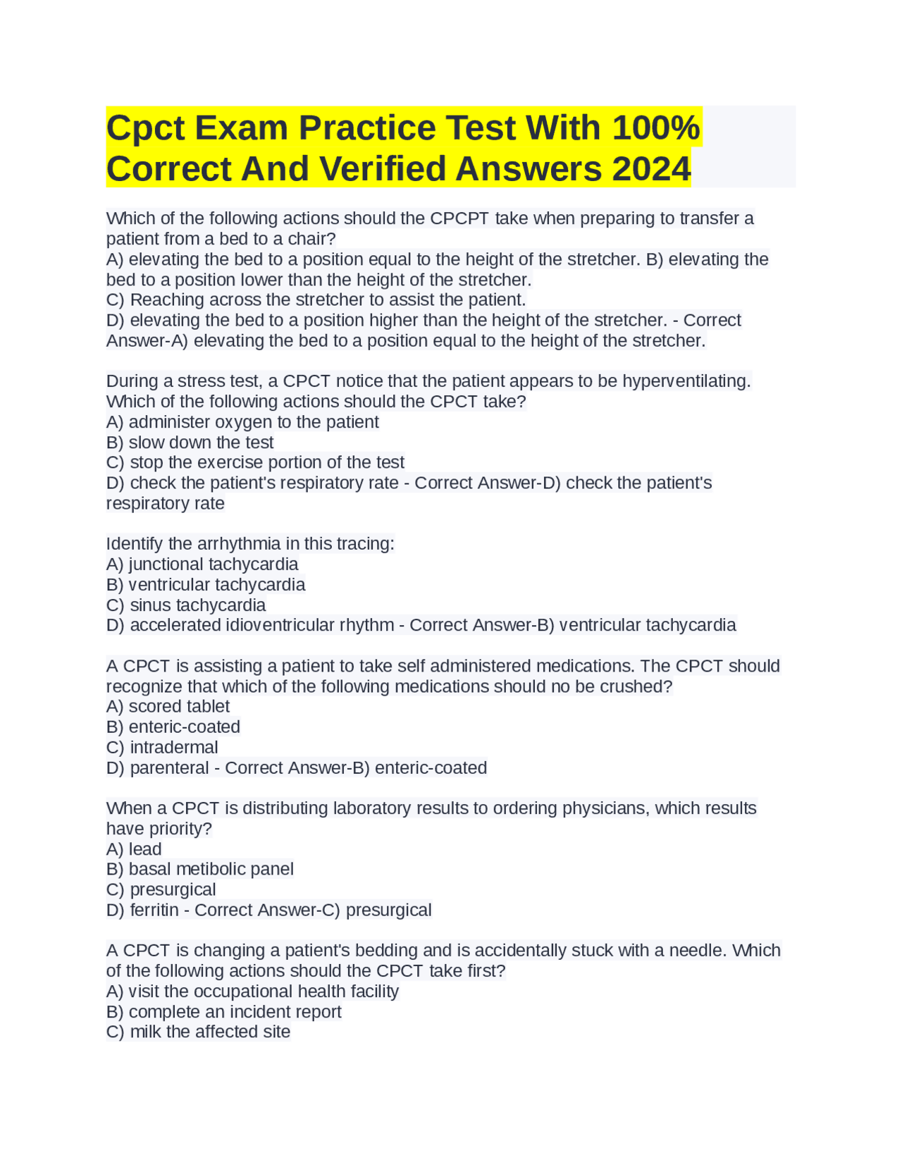 Cpct Exam Practice Test With 100% Correct And Verified Answers 2024 ...