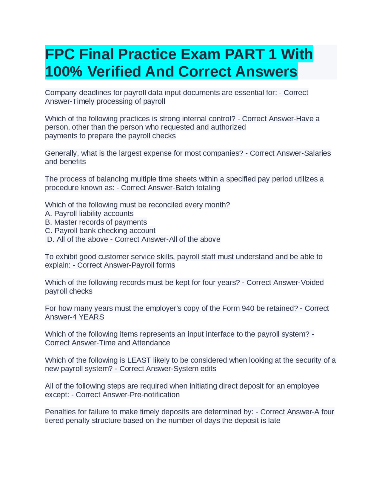 FPC Final Practice Exam PART 1 With 100% Verified And Correct Answers ...