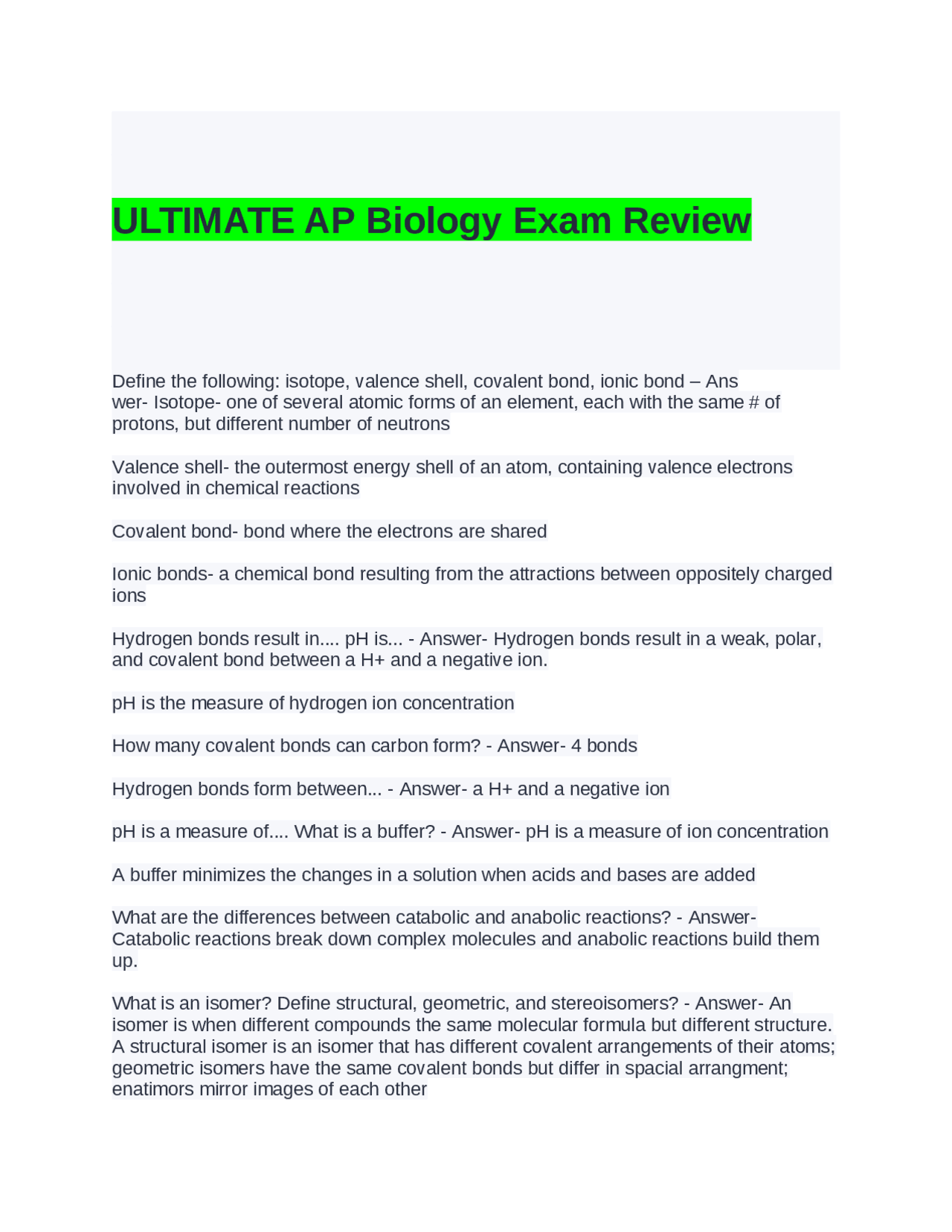 Ultimate AP Biology Exam Review | Exams Advanced Education | Docsity