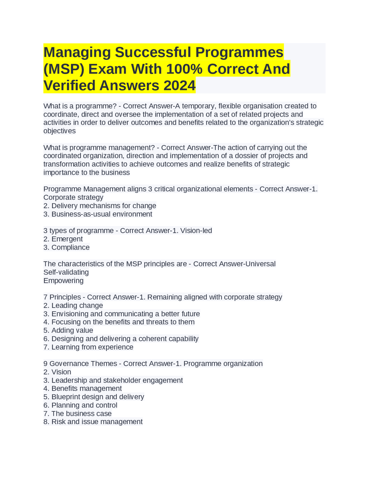 Managing Successful Programmes (MSP) Exam With 100% Correct And Verified Answers 2024 | Exams ...
