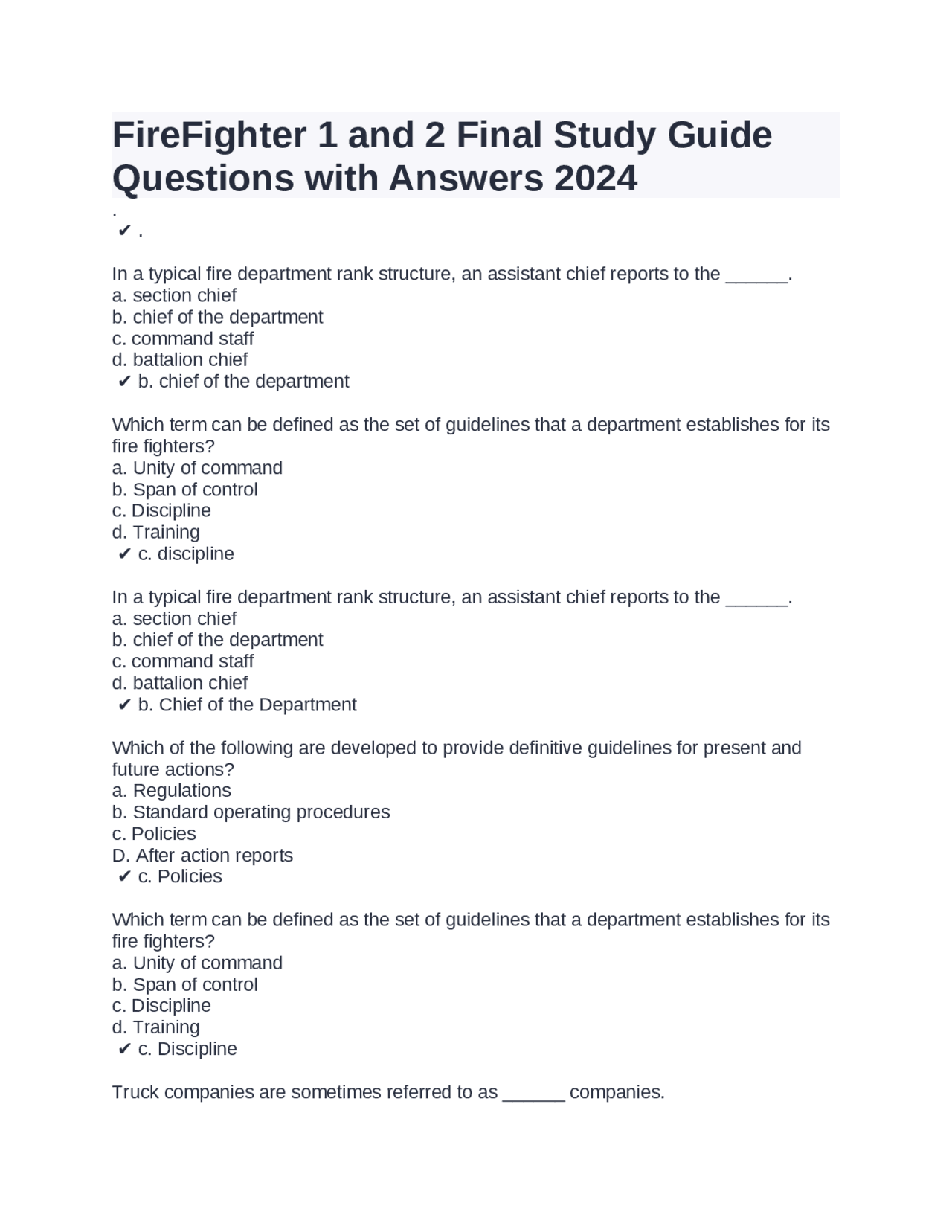 FireFighter 1 and 2 Final Study Guide Questions with Answers 2024 ...