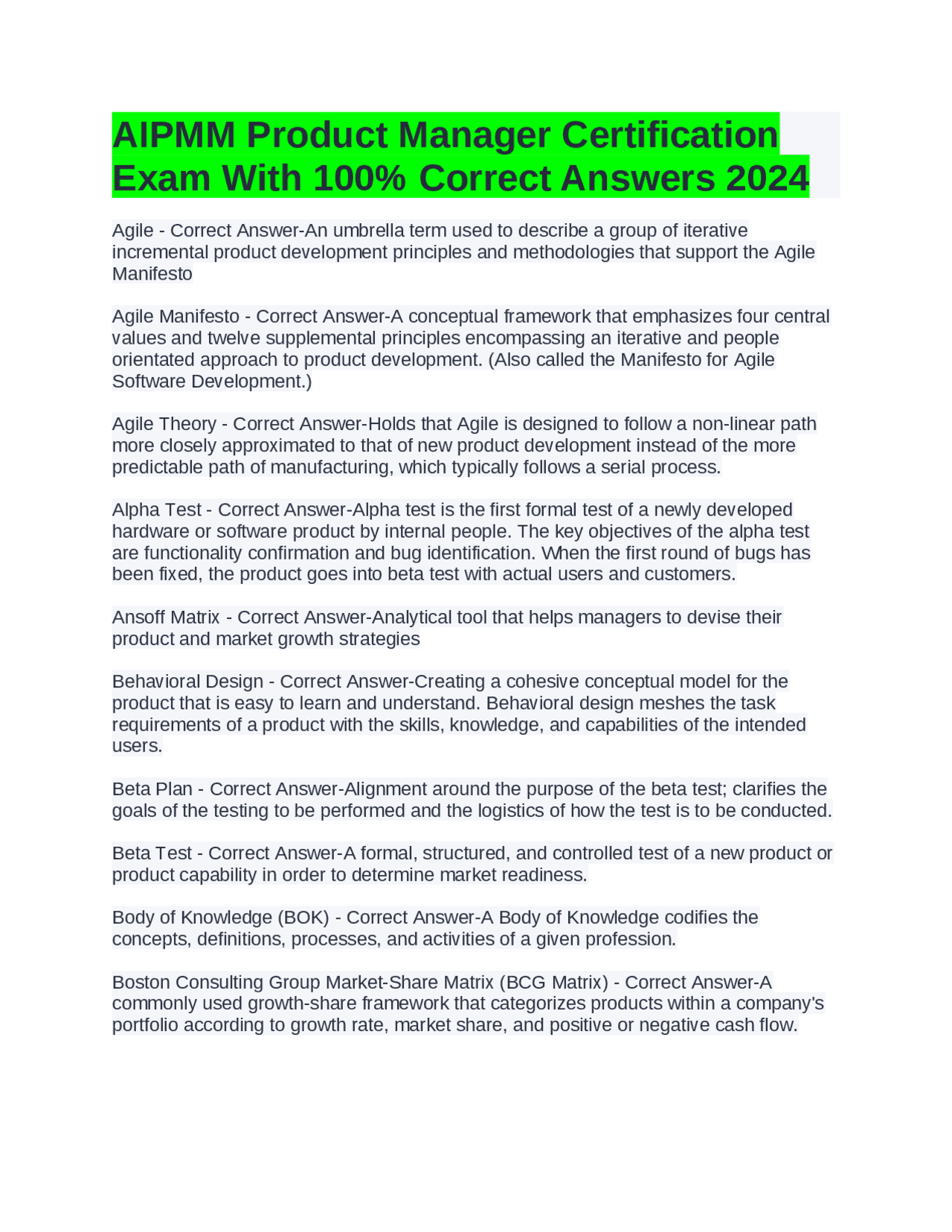 AIPMM Product Manager Certification Exam With 100% Correct Answers 2024 ...