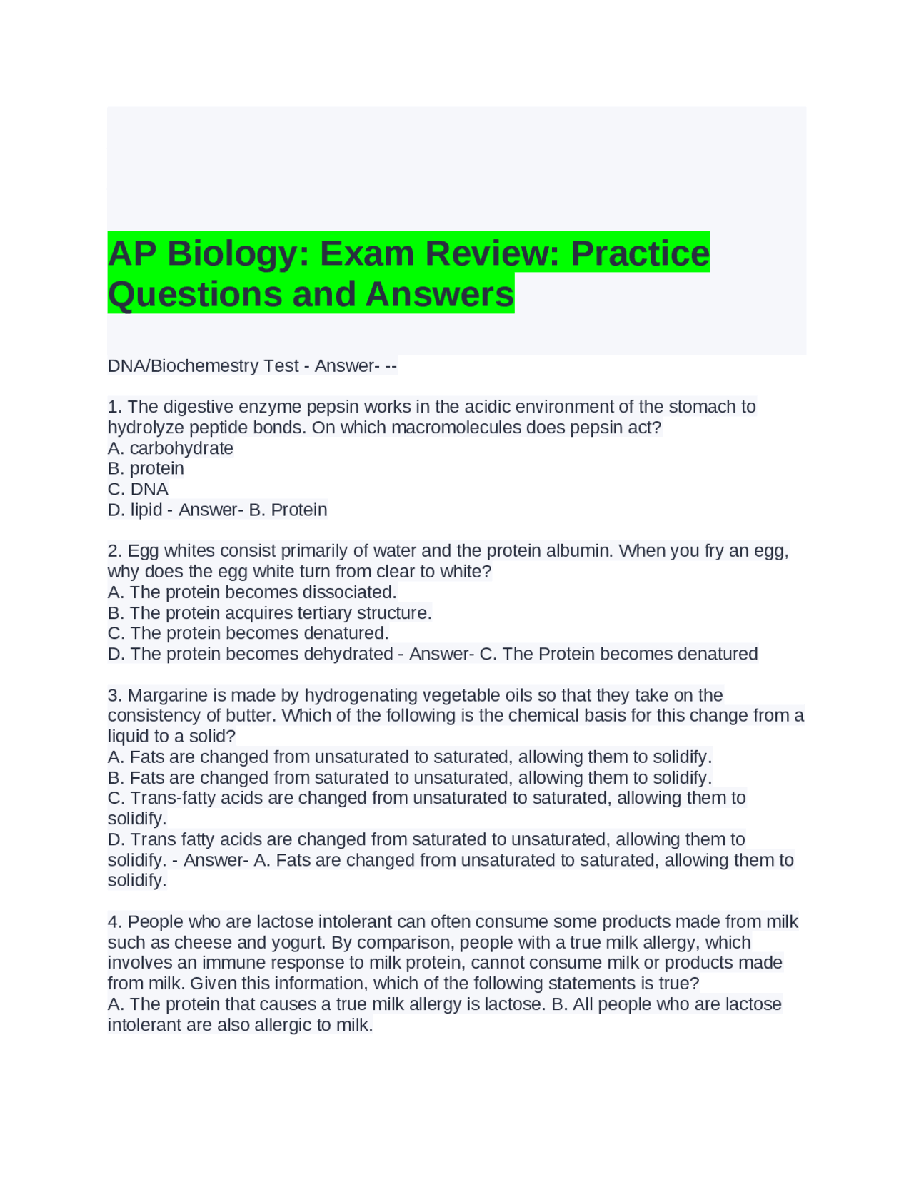 AP Biology Exam Review Practice Questions and Answers | Exams Advanced ...