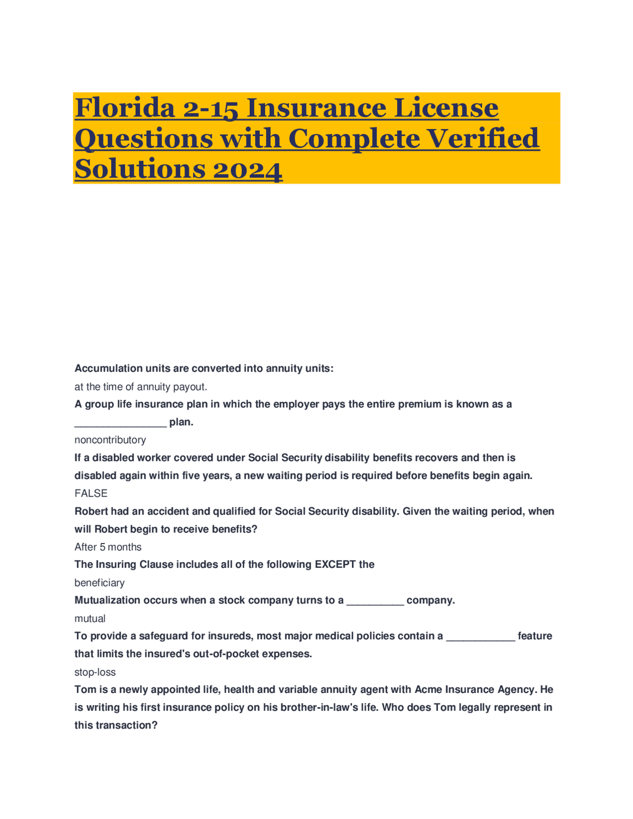 Florida 2-15 Insurance License Questions with Complete Verified ...