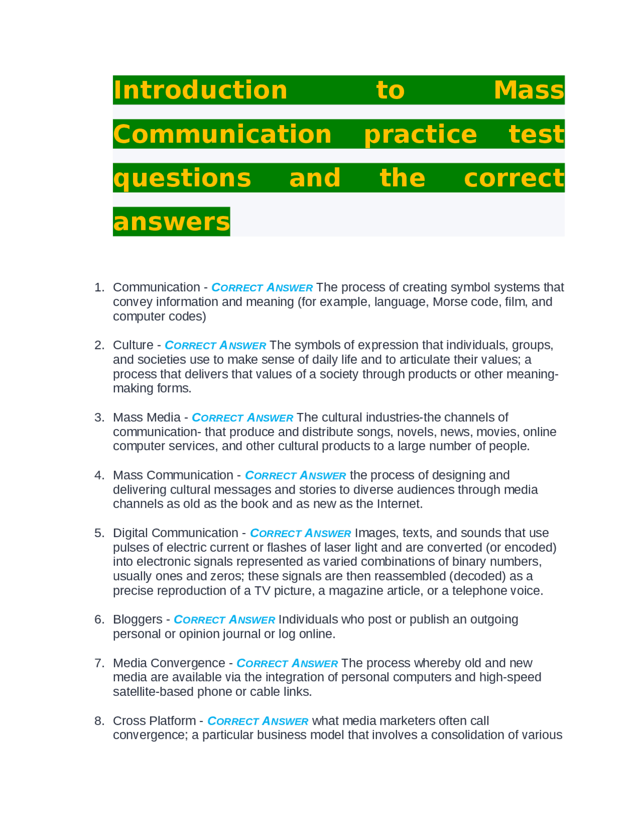 Introduction to Mass Communication practice test questions and the ...