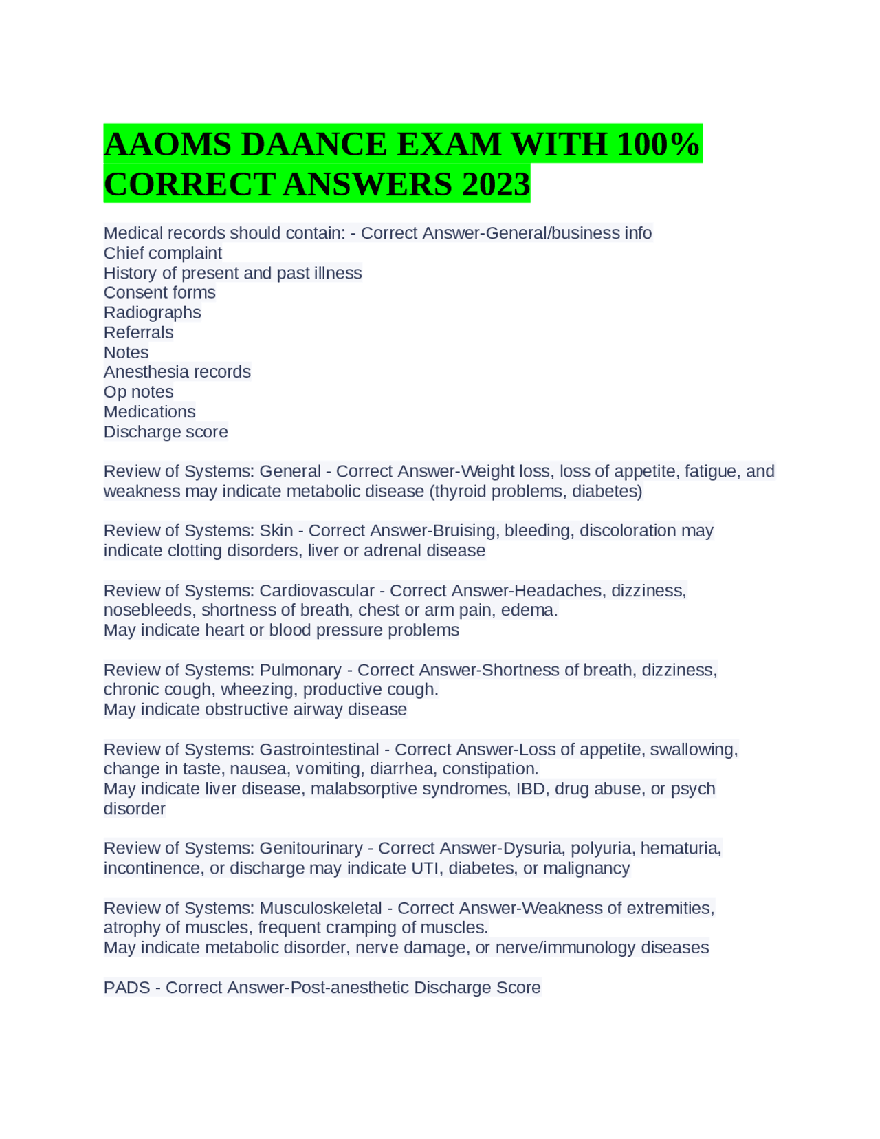 AAOMS DAANCE EXAM WITH 100% CORRECT ANSWERS 2023 | Exams Advanced ...