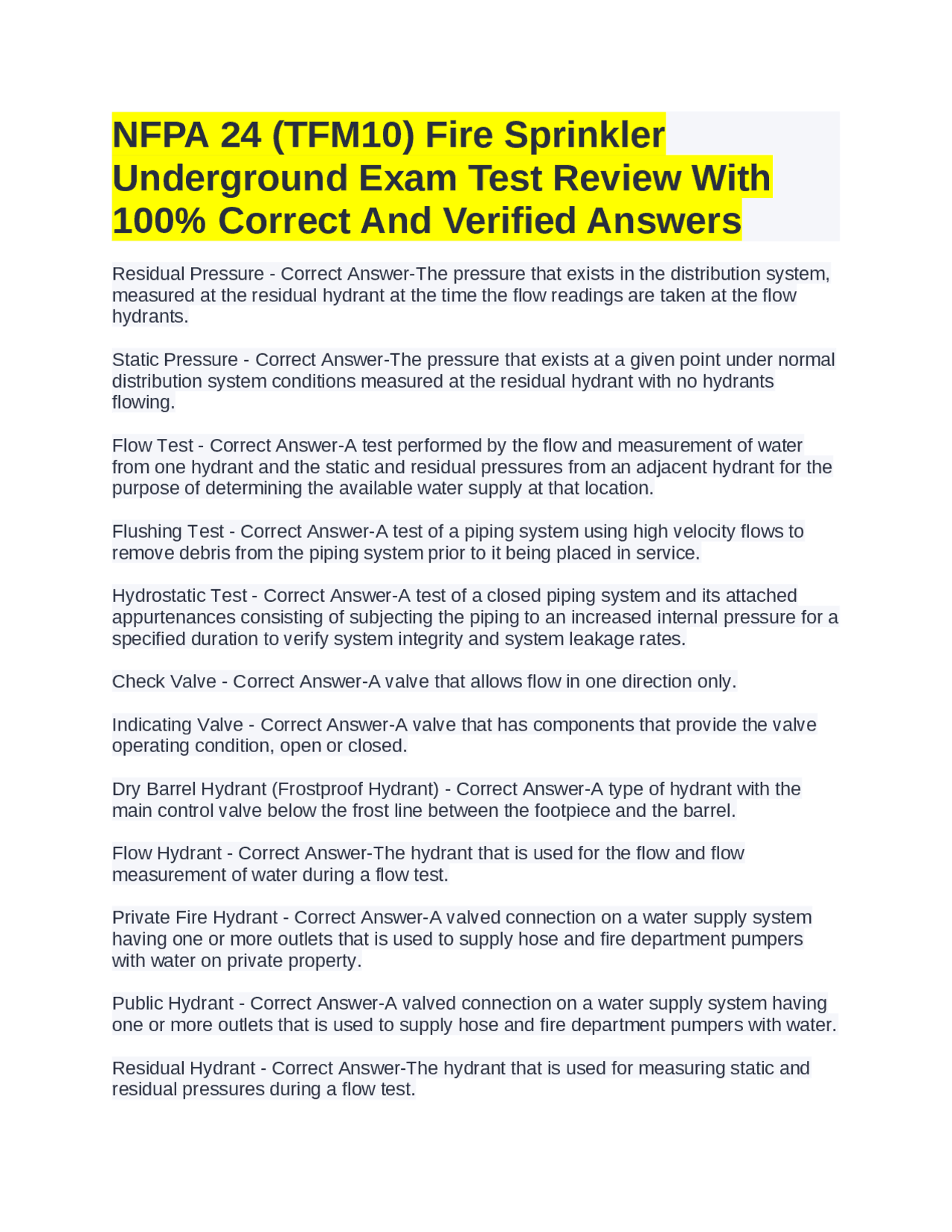 NFPA 24 (TFM10) Fire Sprinkler Underground Exam Test Review With 100% ...