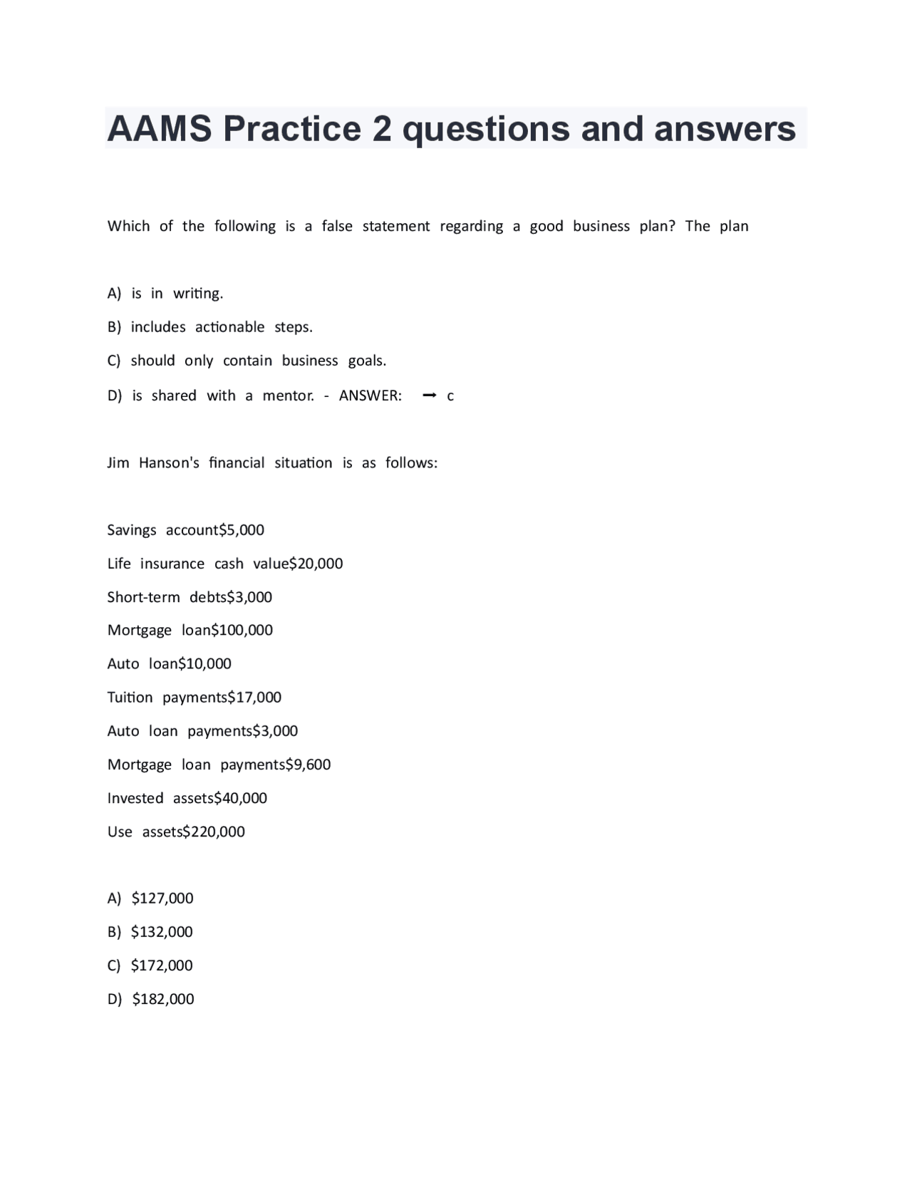 AAMS Practice 2 questions and answers | Exams Financial Management ...