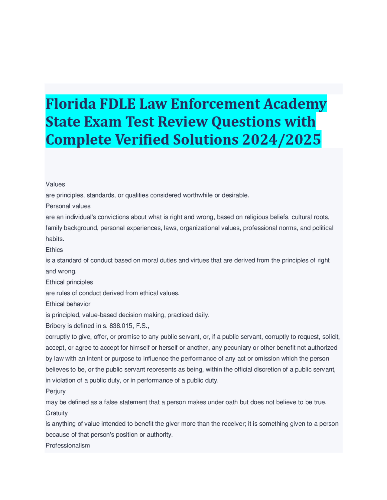 Florida FDLE Law Enforcement Academy State Exam Test Review Questions ...