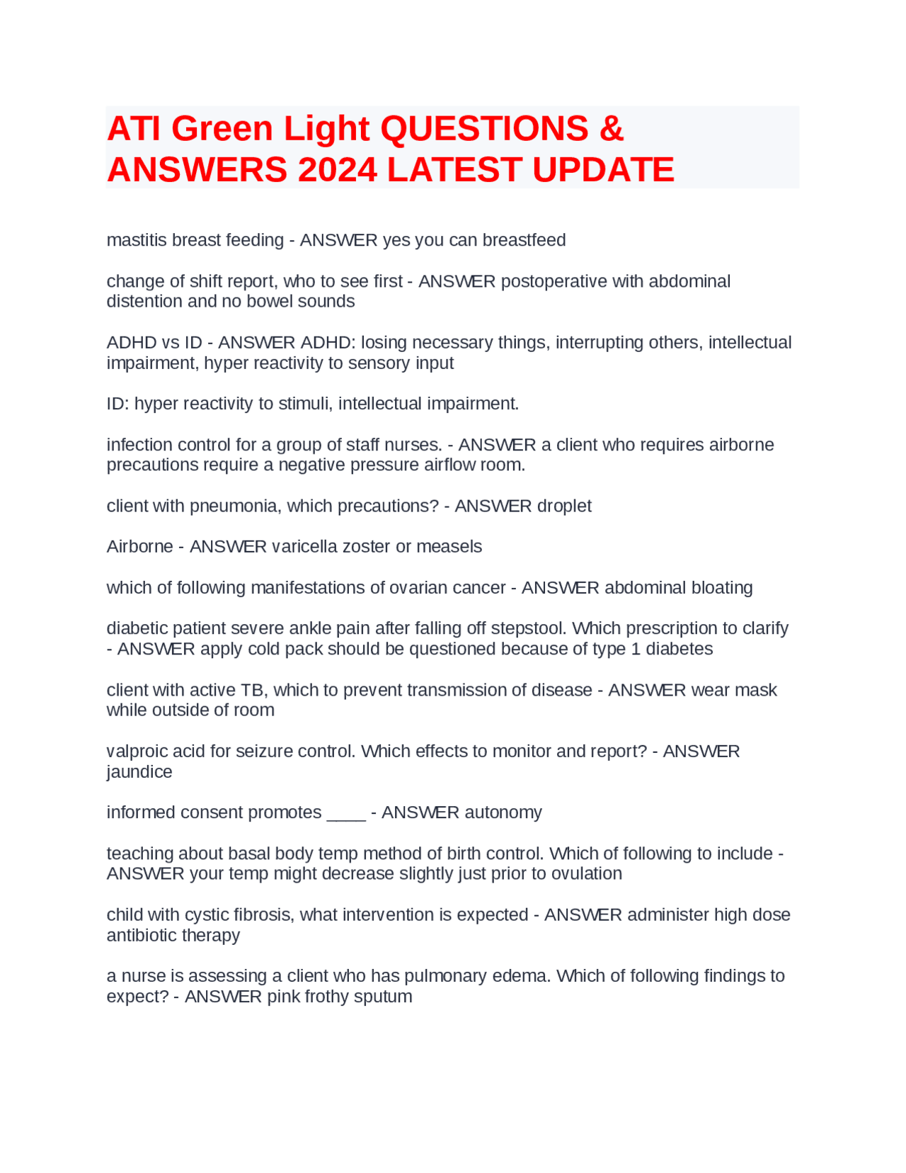 ATI Green Light QUESTIONS & ANSWERS 2024 LATEST UPDATE | Exams Nursing ...