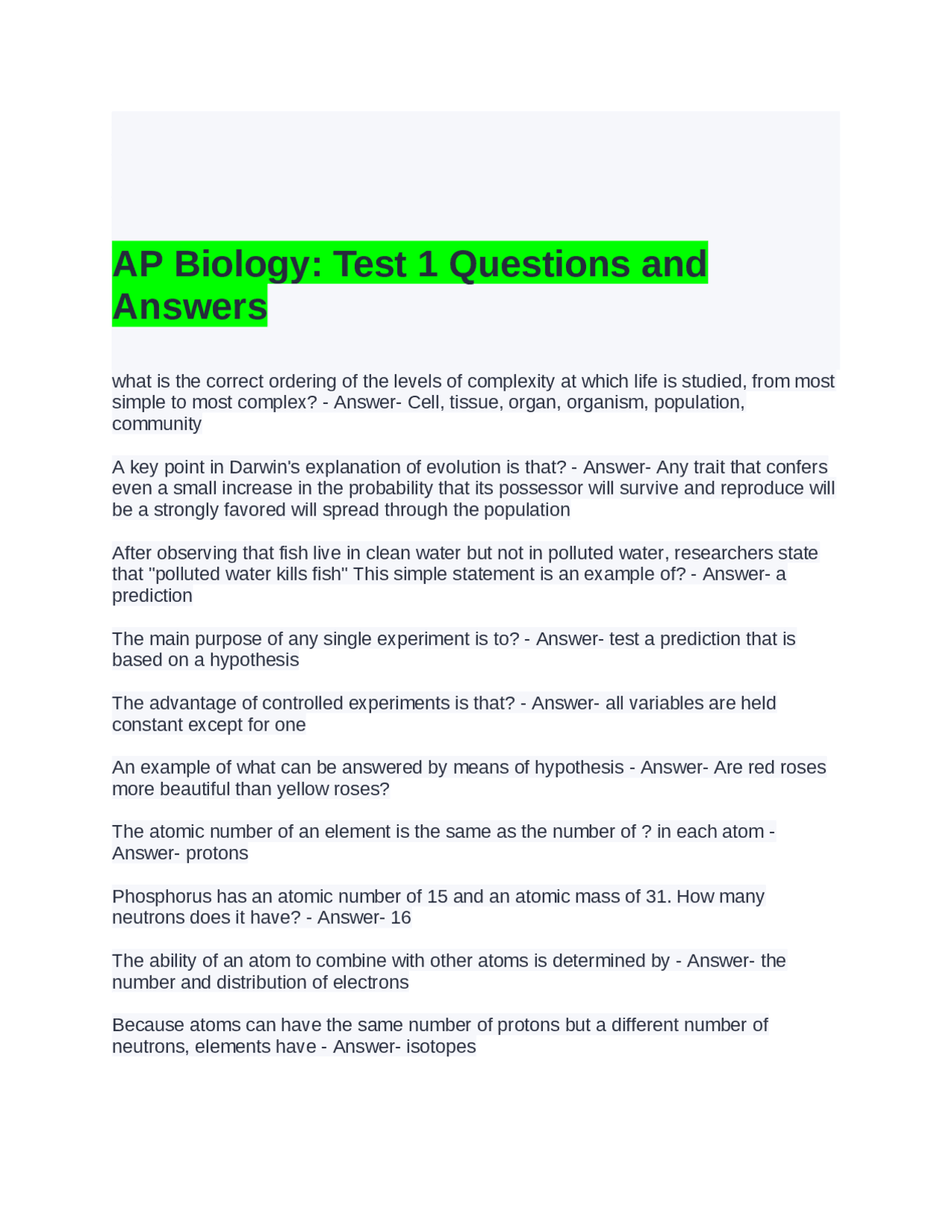 AP Biology Test 1 Questions and Answers | Exams Advanced Education ...