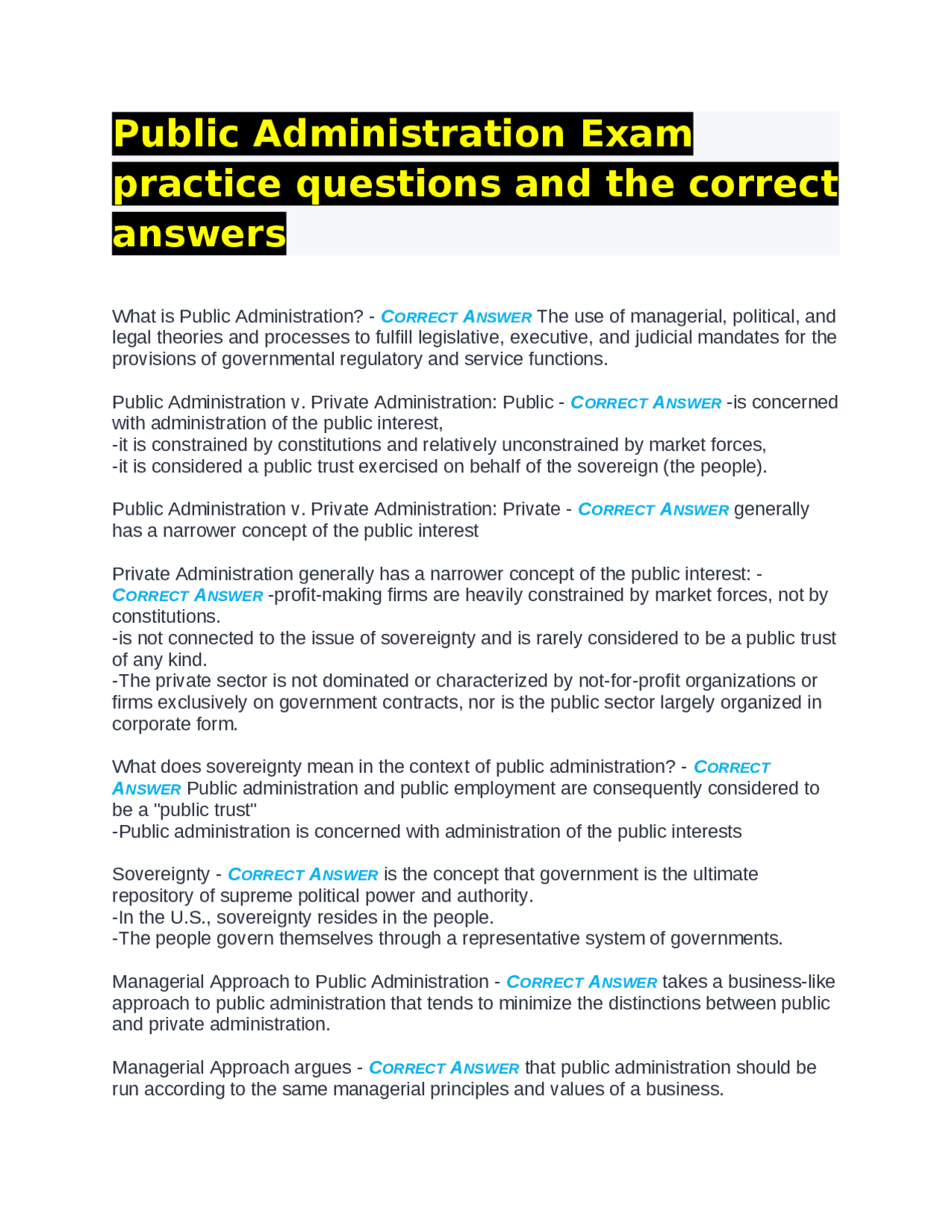 Public Administration Exam practice questions and the correct answers ...