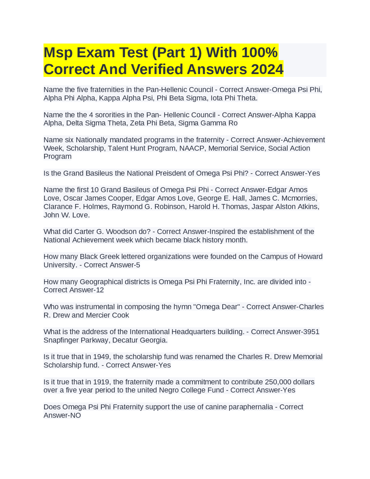 Msp Exam Test (Part 1) With 100% Correct And Verified Answers 2024 ...