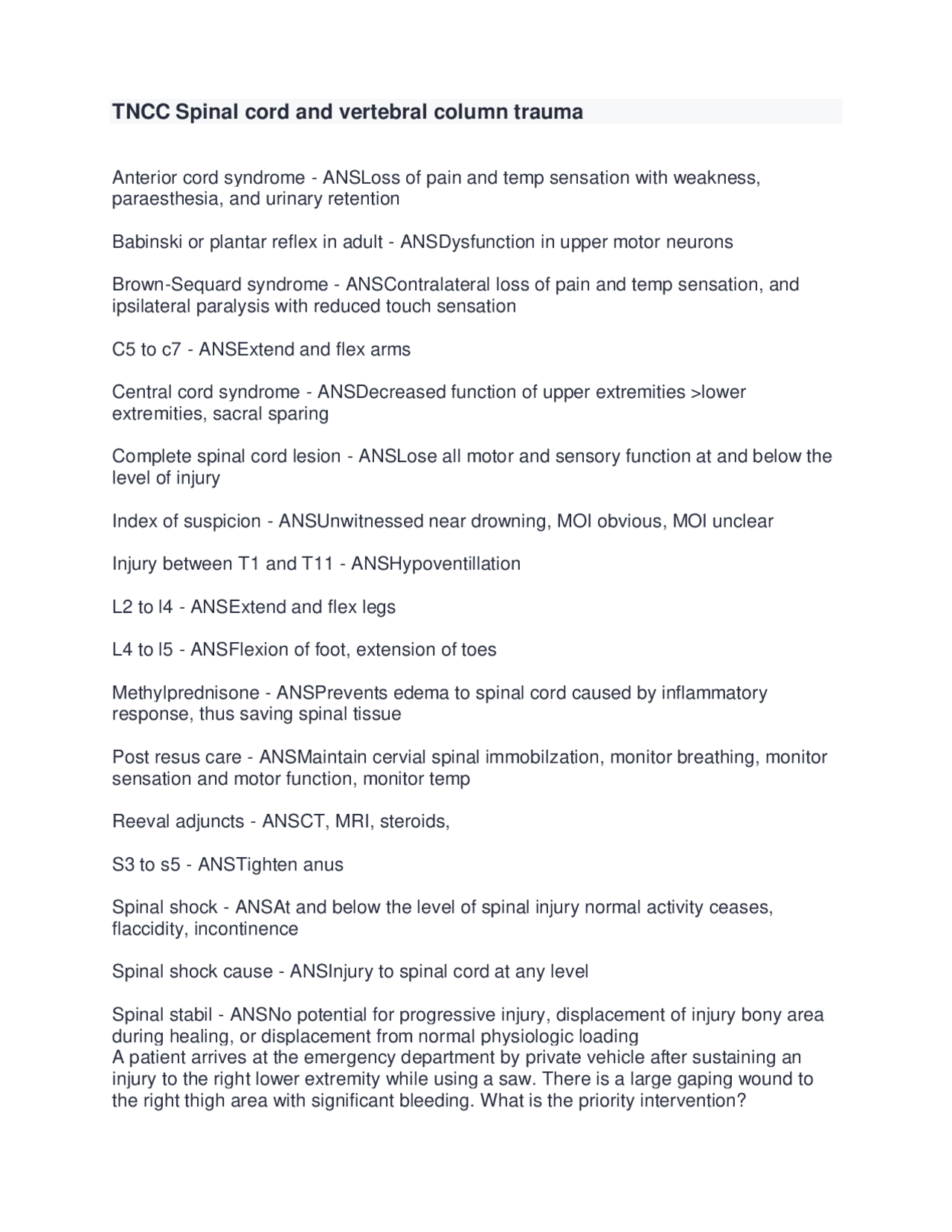 TNCC Spinal cord and vertebral column trauma.pdf | Exams Nursing | Docsity