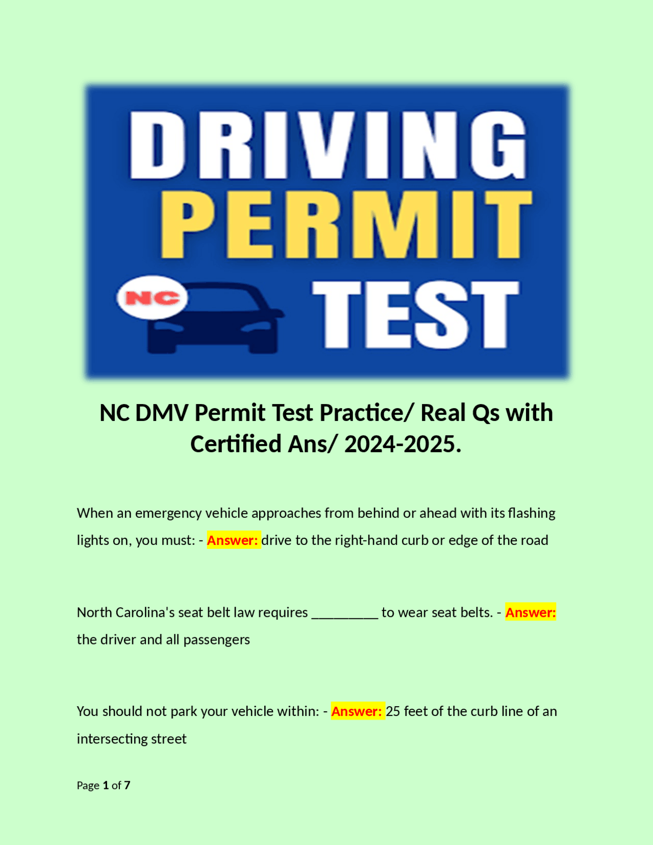 NC DMV Permit Test Practice/ Real Qs with Certified Ans/ 2024-2025 ...