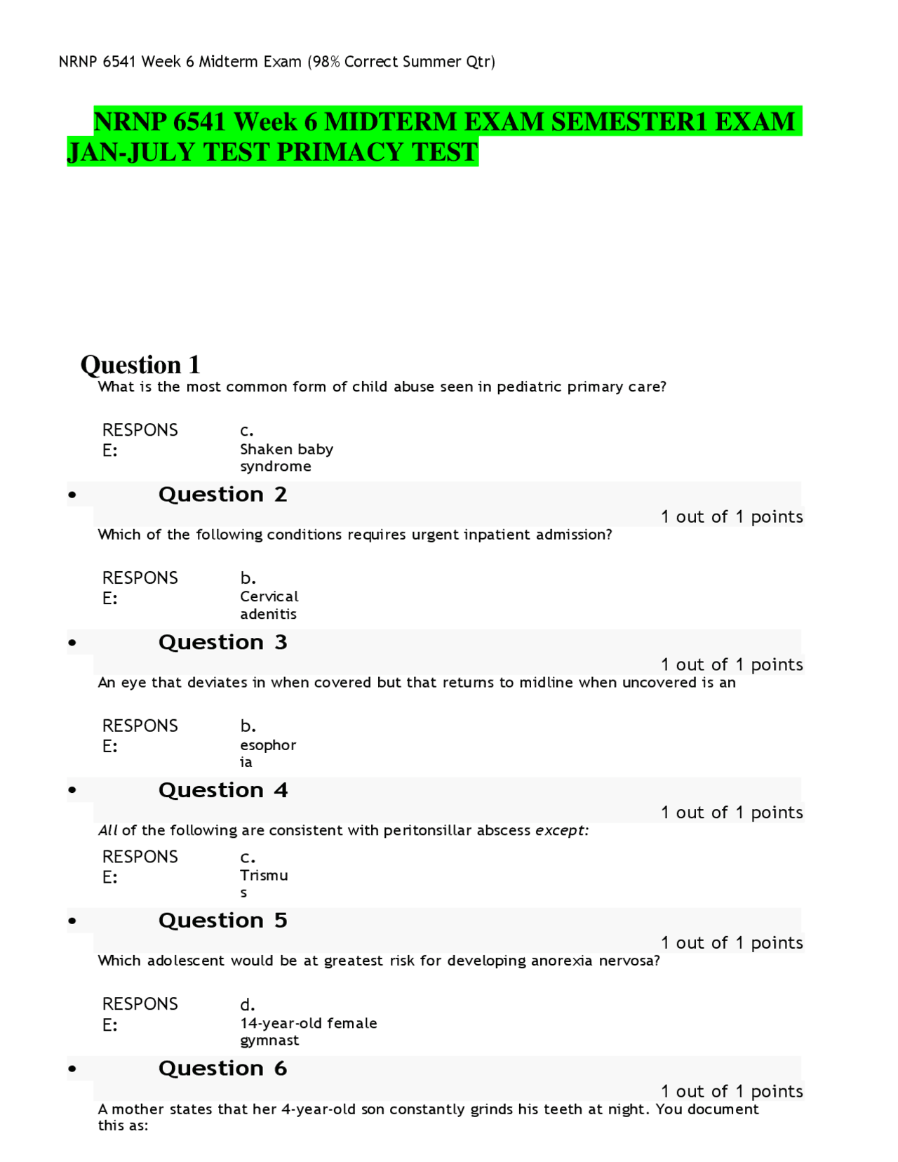 NRNP 6541 Week 6 MIDTERM EXAM SEMESTER1 EXAM JAN-JULY TEST PRIMACY TEST ...