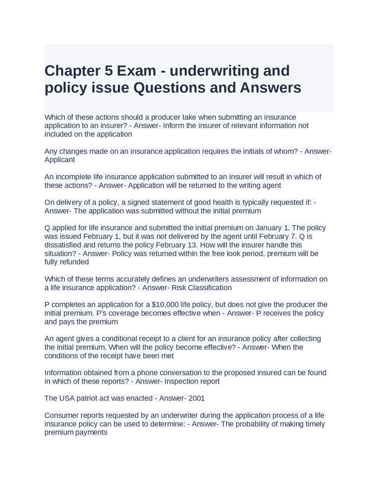 Underwriting and Policy Issue: Questions and Answers | Exams Advanced ...