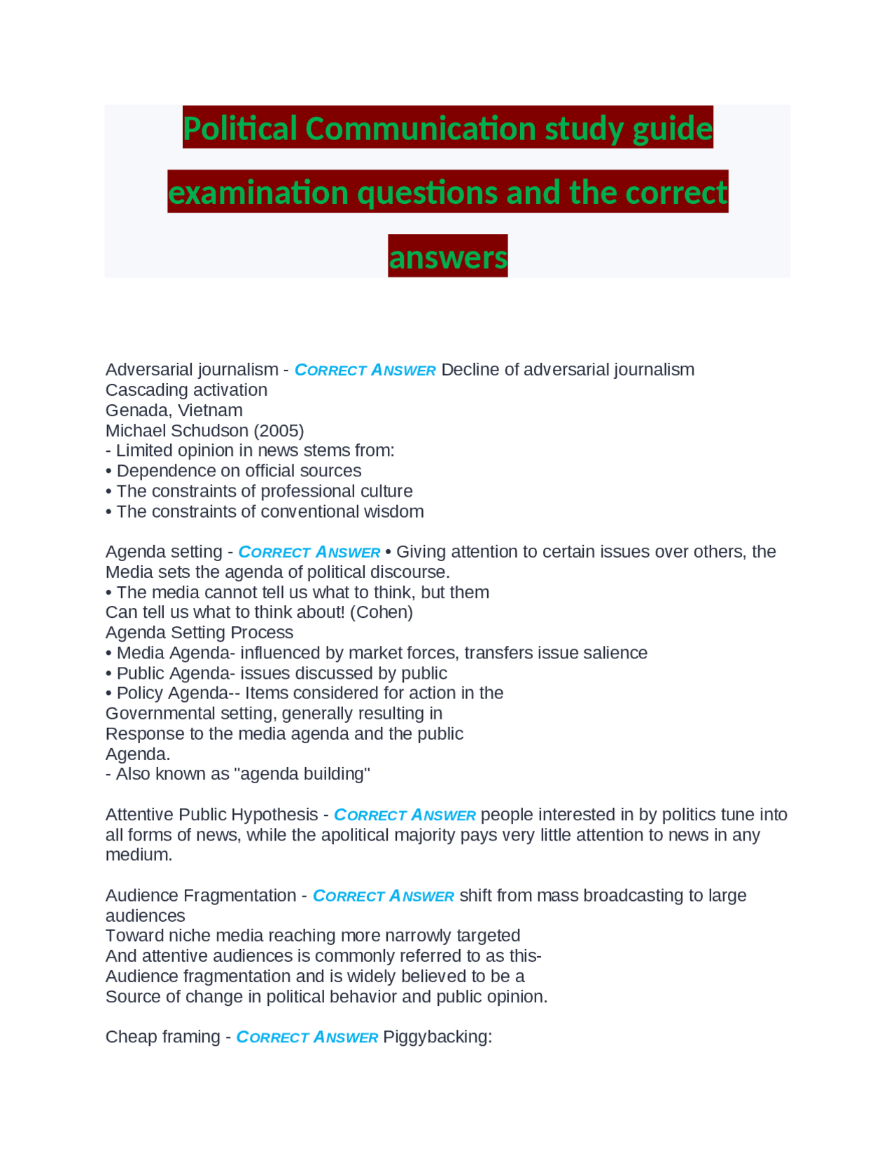 Political Communication study guide examination questions and the ...