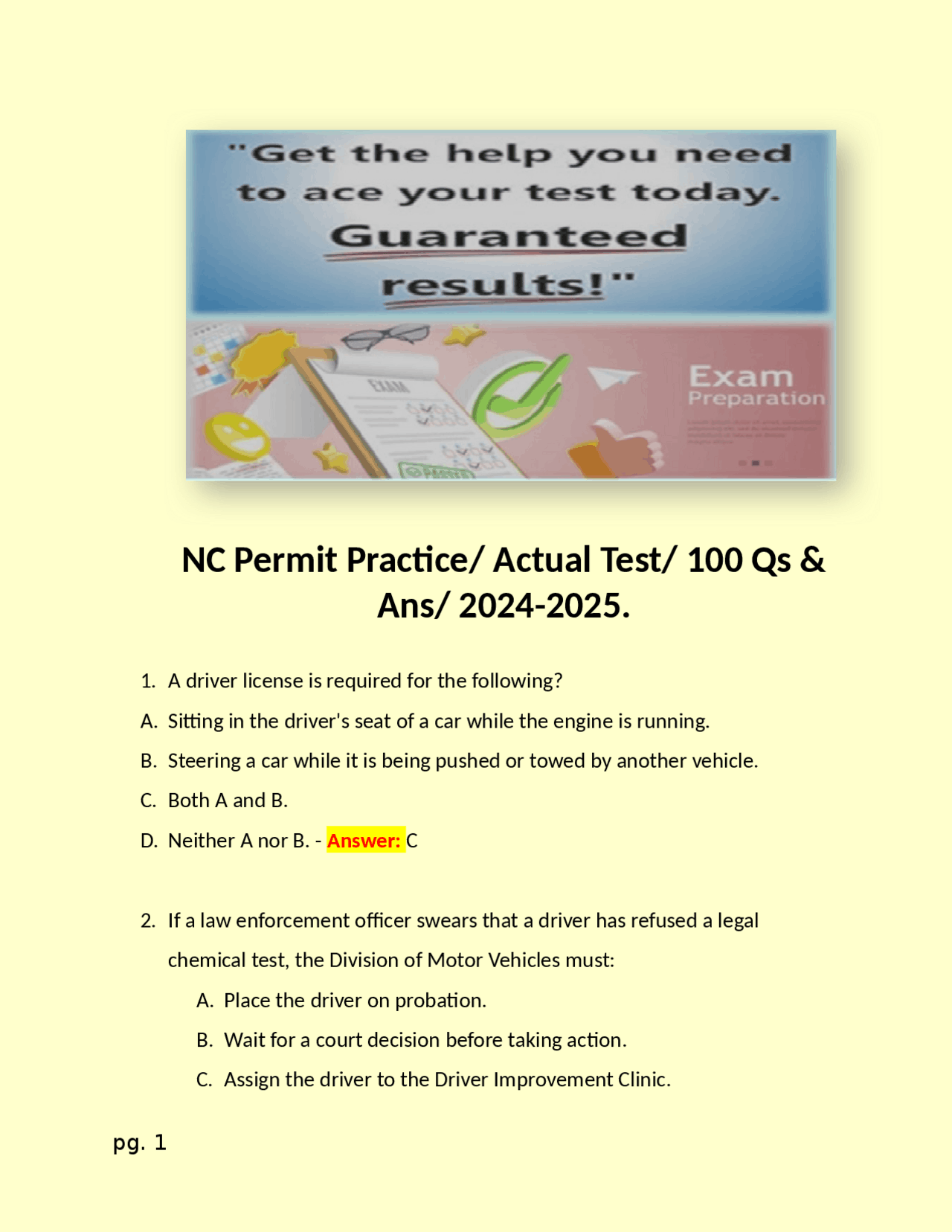 NC Permit Practice/ Actual Test/ 100 Qs & Ans/ 2024-2025. | Exams ...