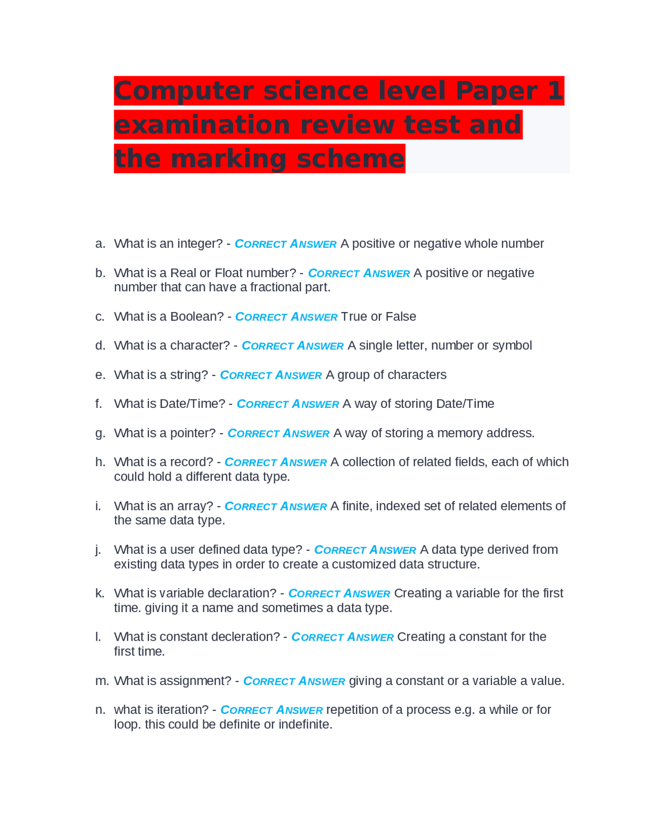 Computer Science Level Paper 1 Examination Review Test And The Marking Scheme Exams Computer 