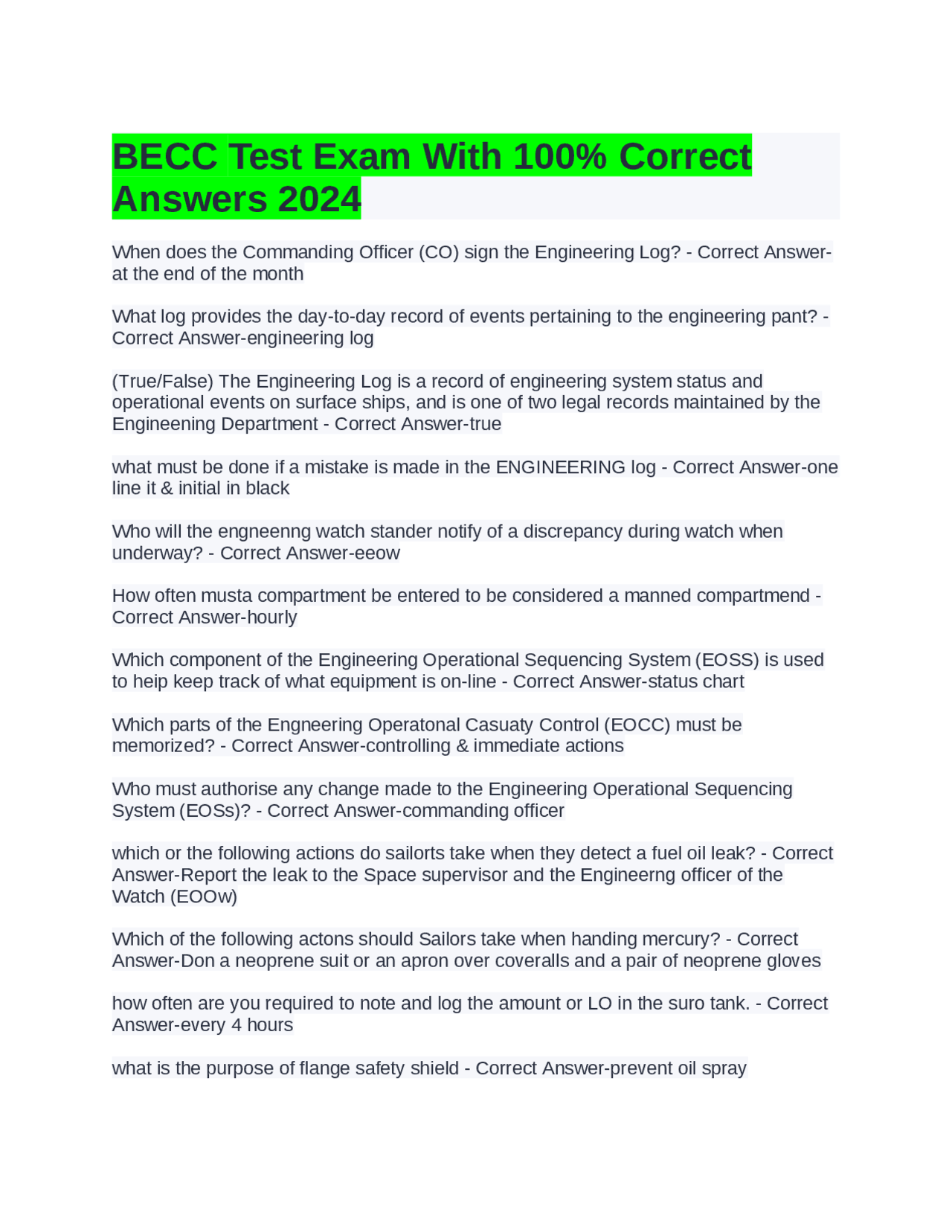 BECC Test Exam With 100% Correct Answers 2024 | Exams Advanced ...