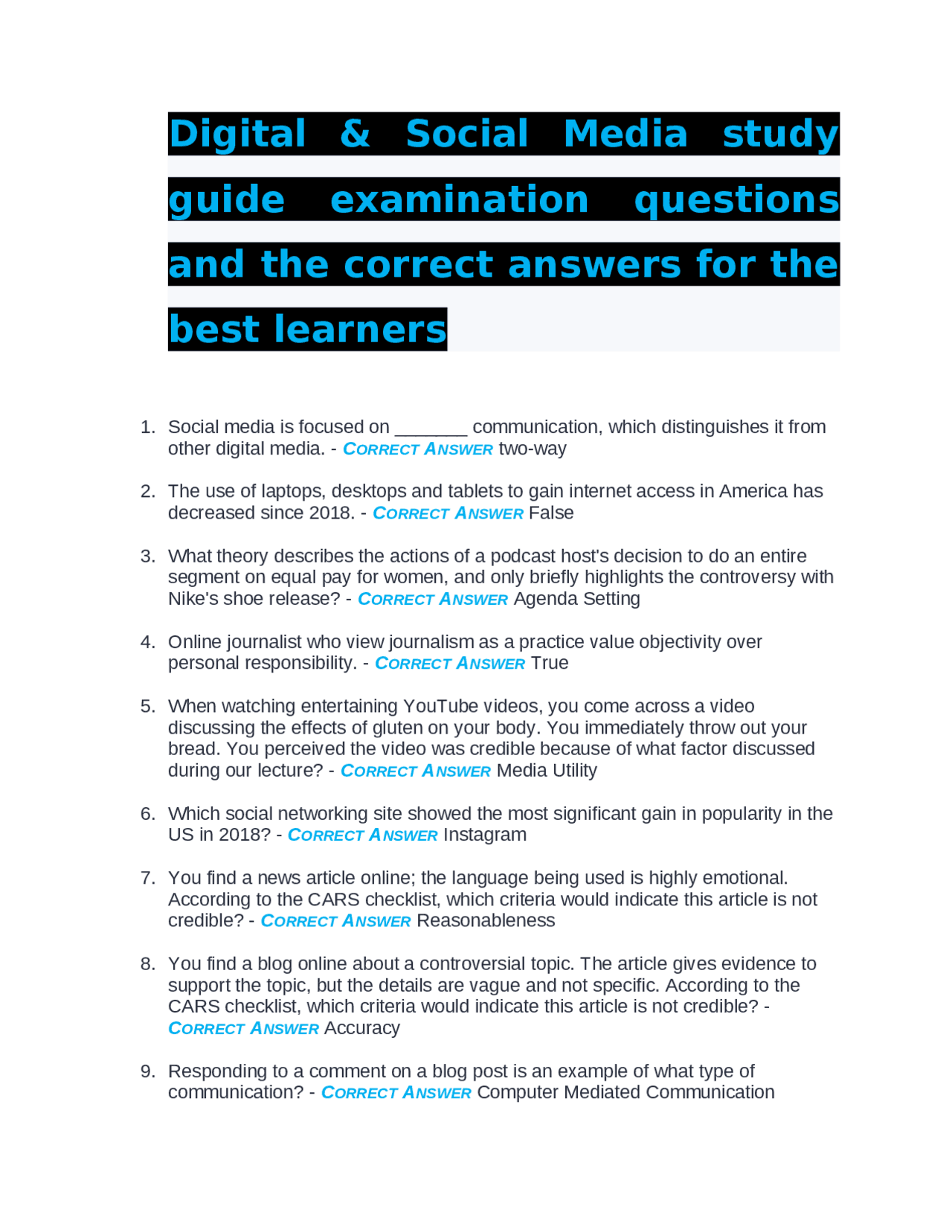 Digital & Social Media study guide examination questions and the ...