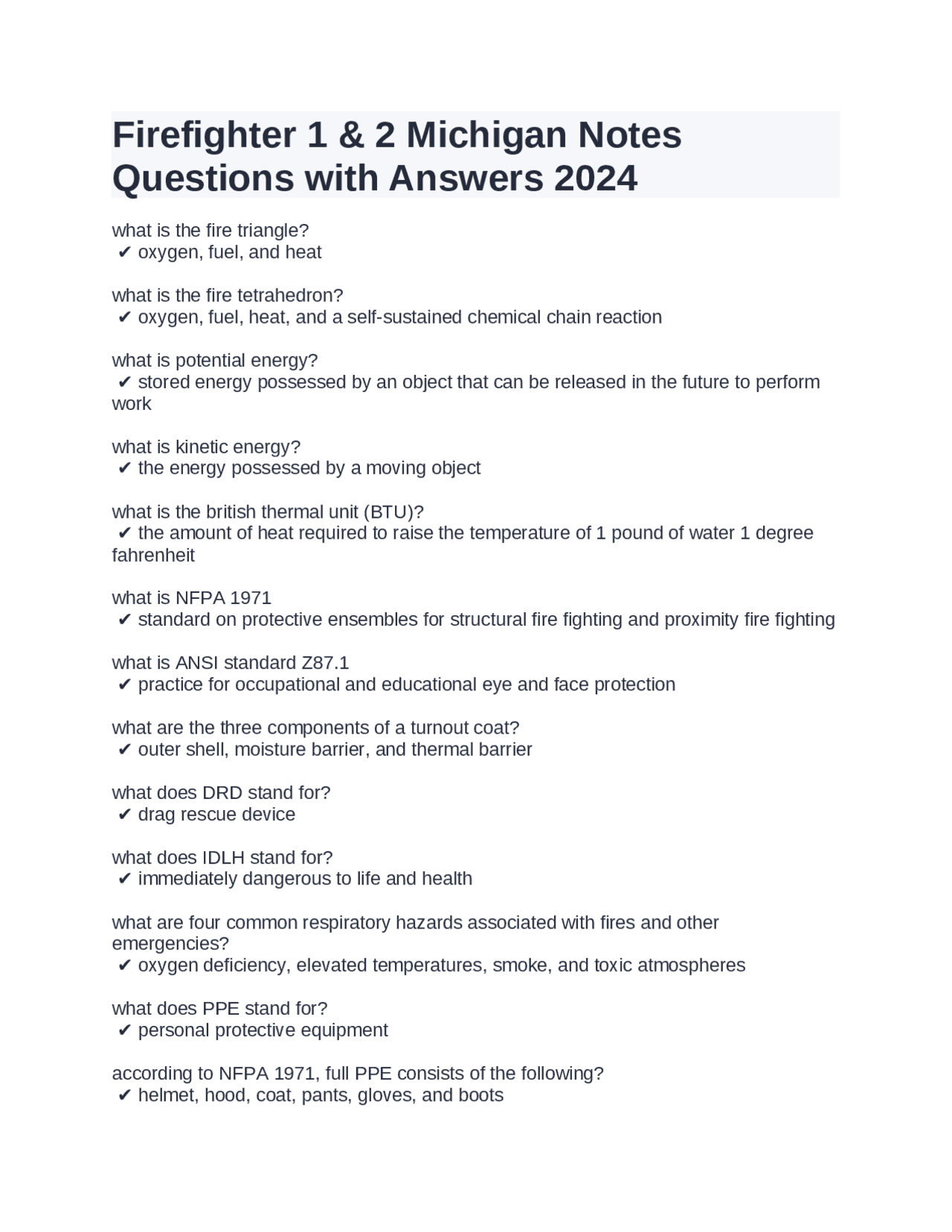 Firefighter 1 & 2 Michigan Notes Questions with Answers 2024 | Exams ...