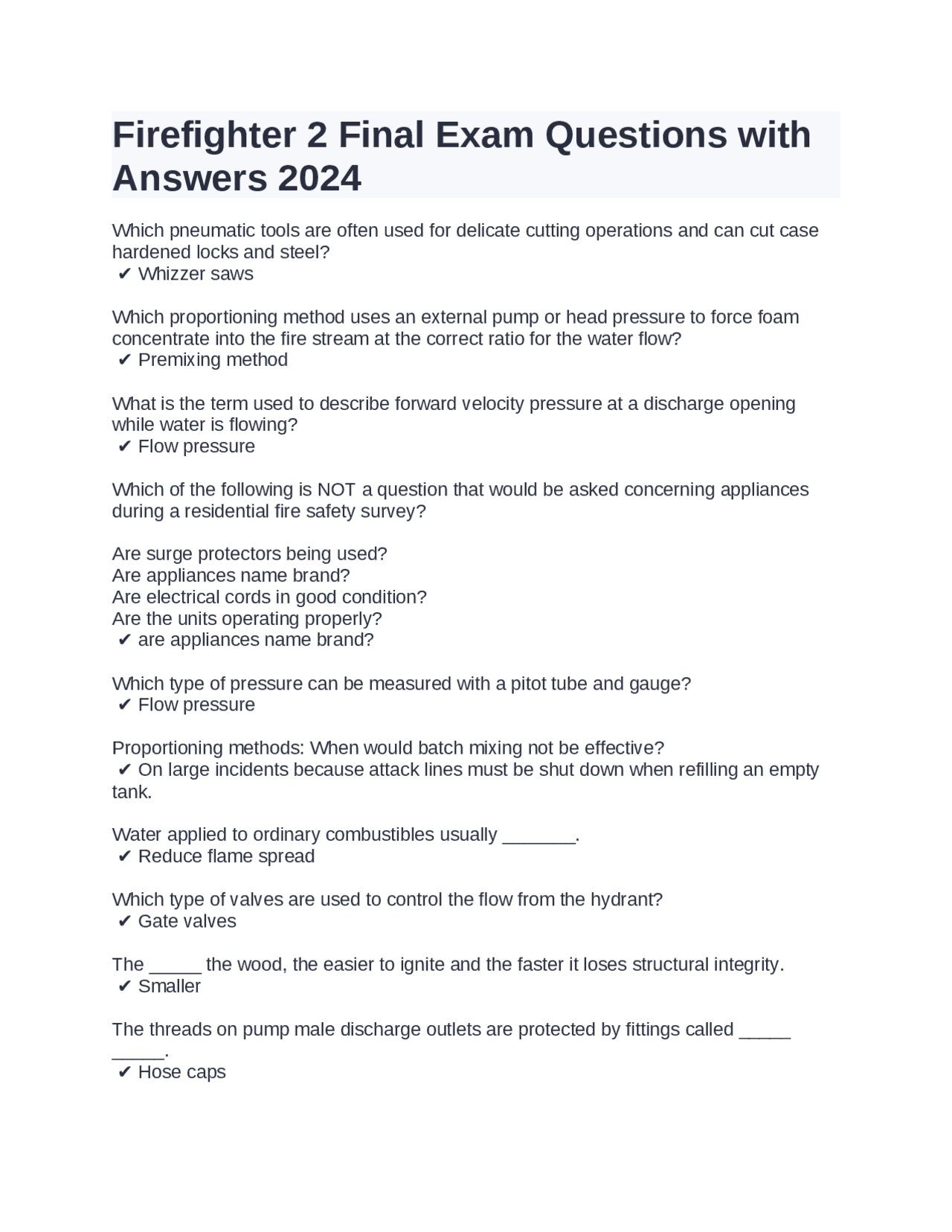 Firefighter 2 Final Exam Questions with Answers 2024 | Exams Engineering | Docsity