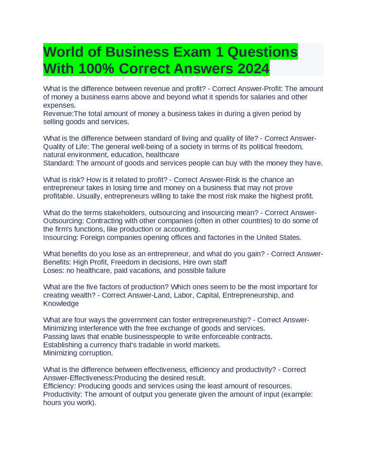 World of Business Exam 1 Questions With 100% Correct Answers 2024 ...