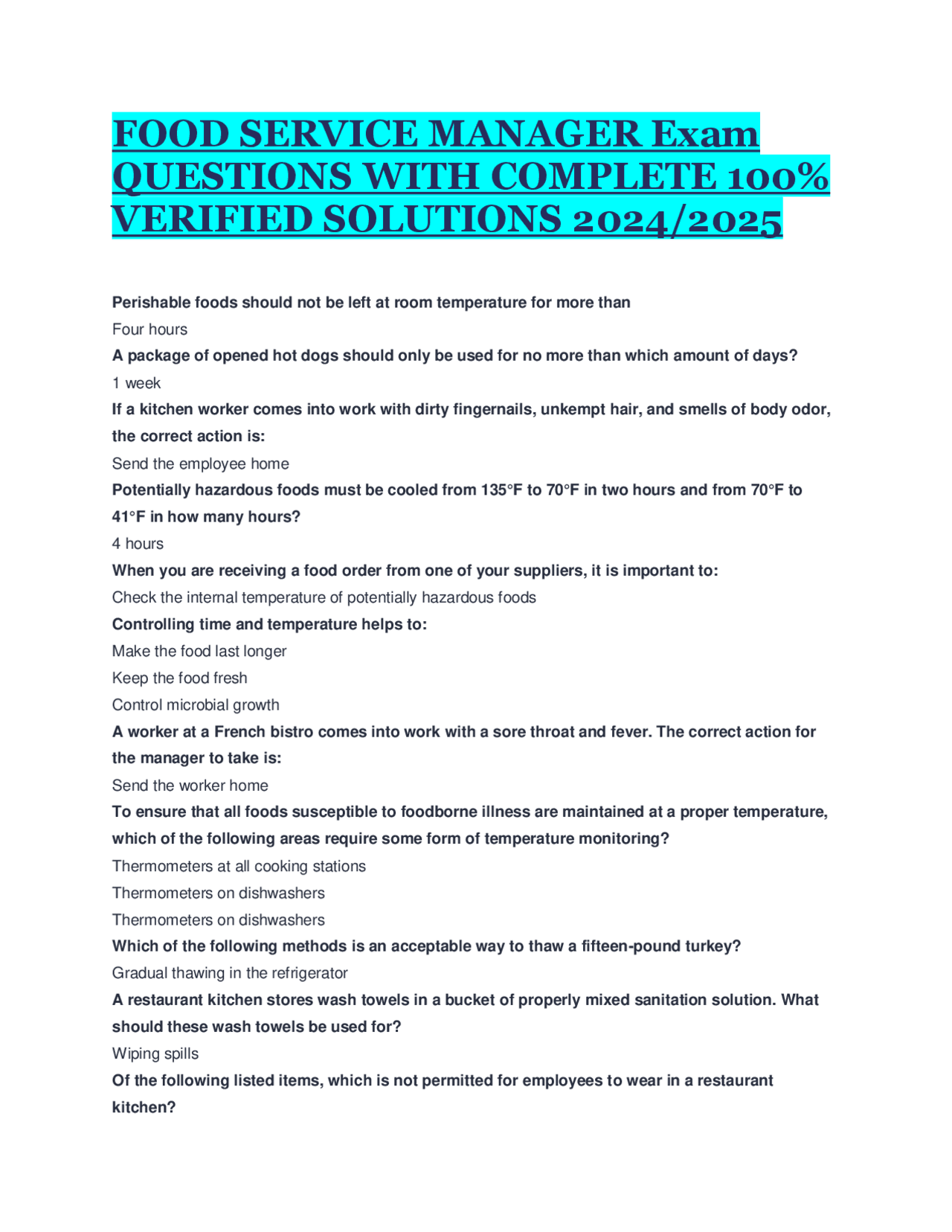 Food Service Manager Exam Questions with Verified Solutions | Exams ...