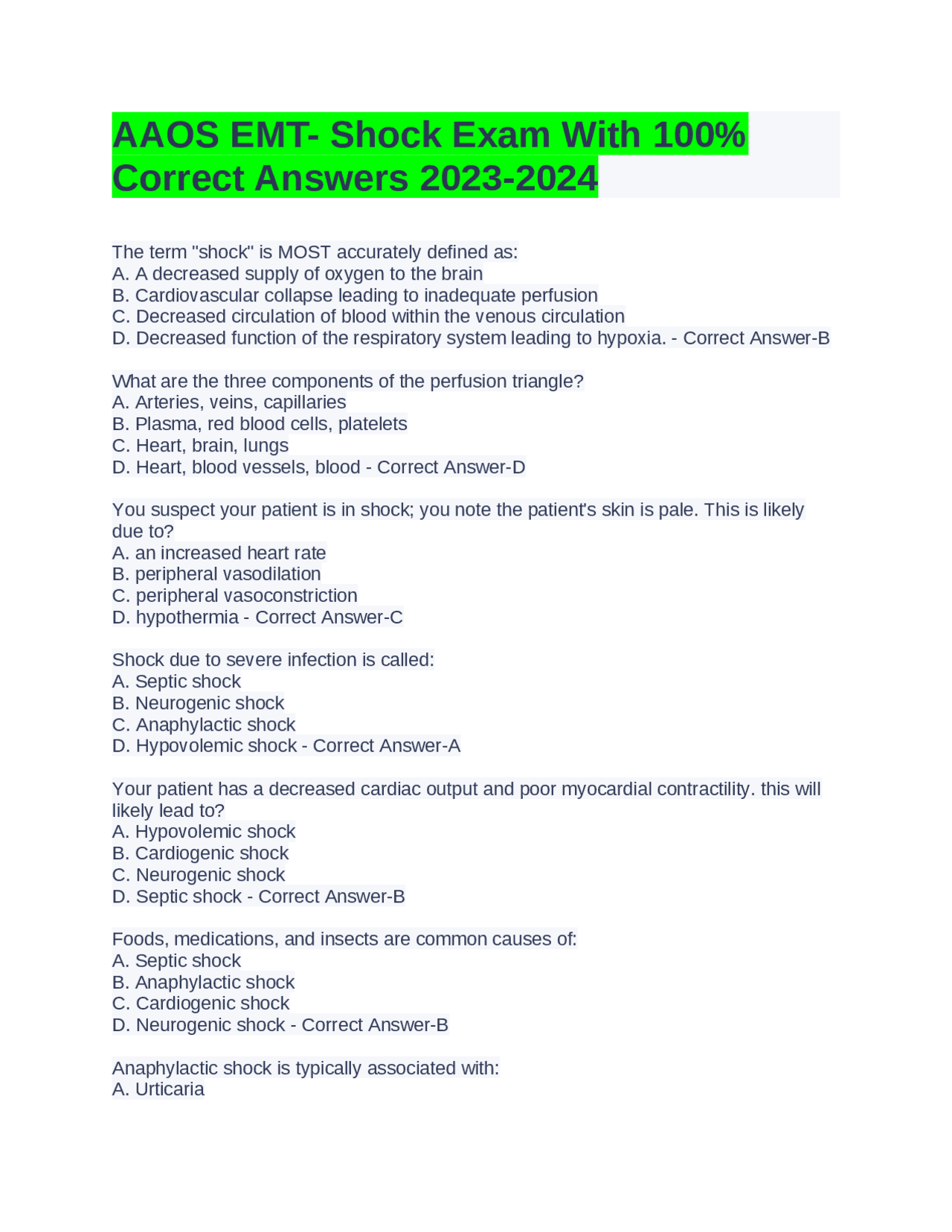 AAOS EMT- Shock Exam With 100% Correct Answers 2023-2024 | Exams ...