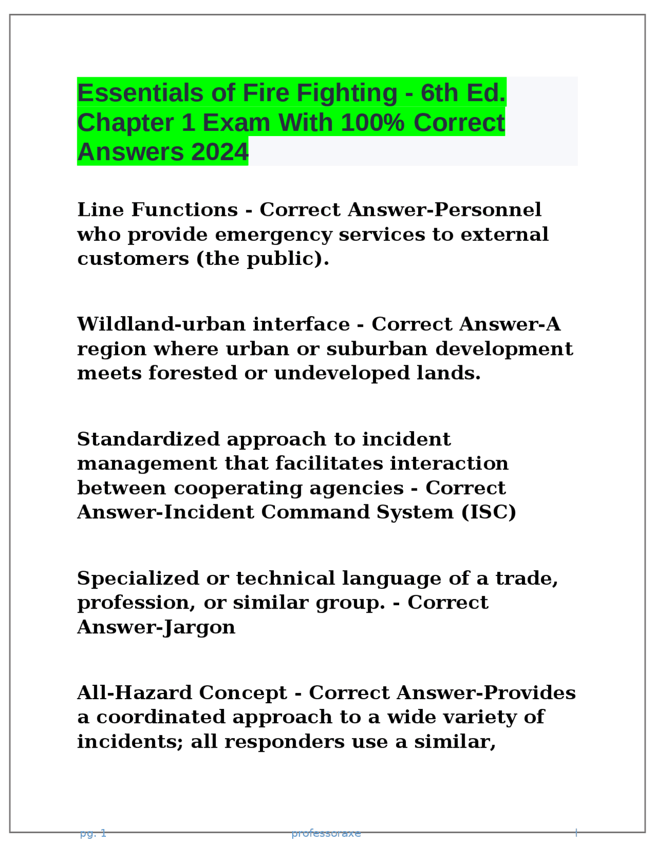 Essentials of Fire Fighting - 6th Ed. Chapter 1 Exam With 100% Correct ...