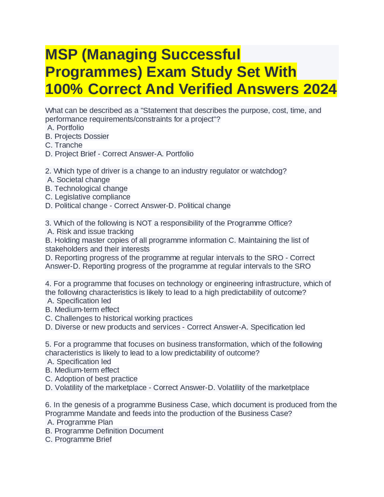 MSP (Managing Successful Programmes) Exam Study Set With 100% Correct ...