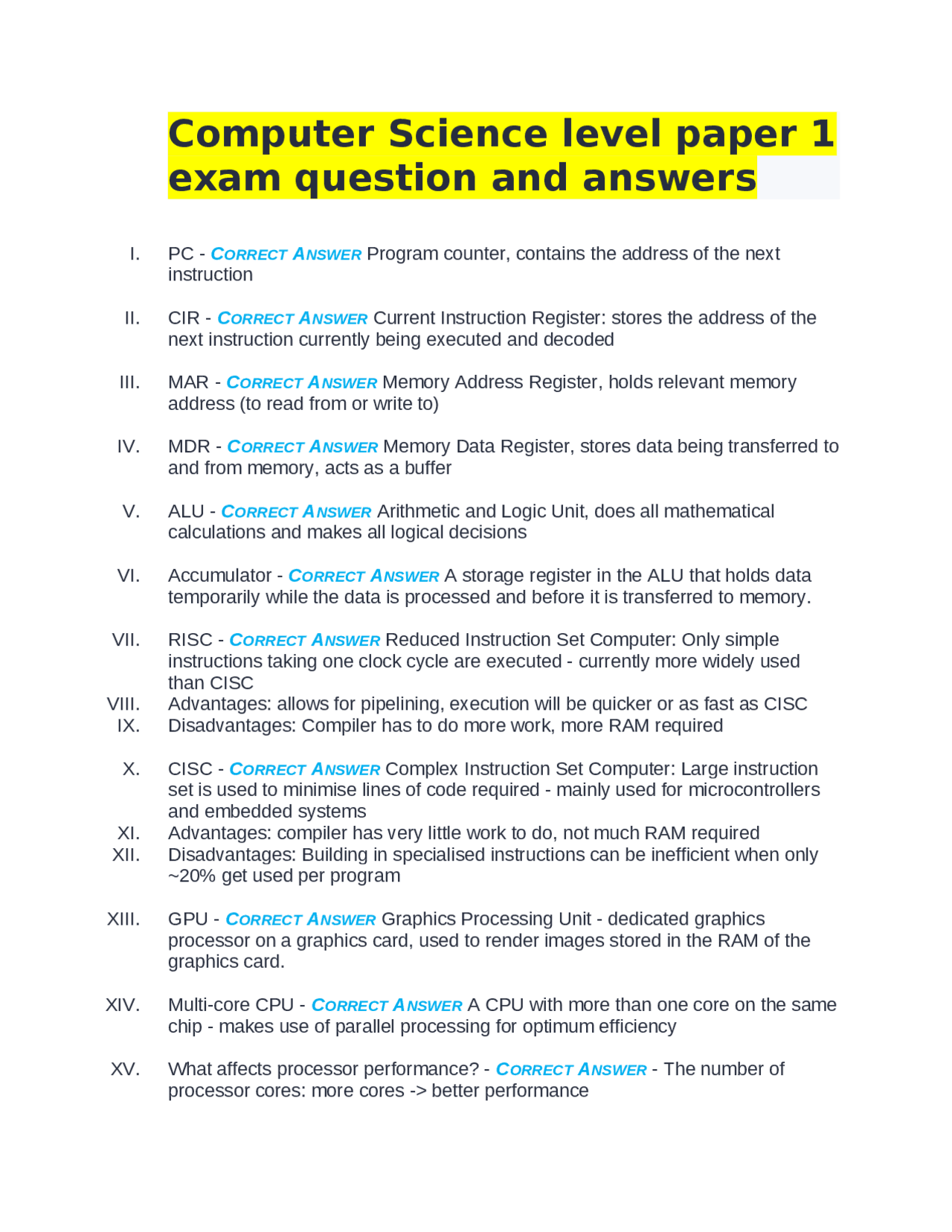 Computer Science level paper 1 exam question and answers | Exams Computer Science | Docsity