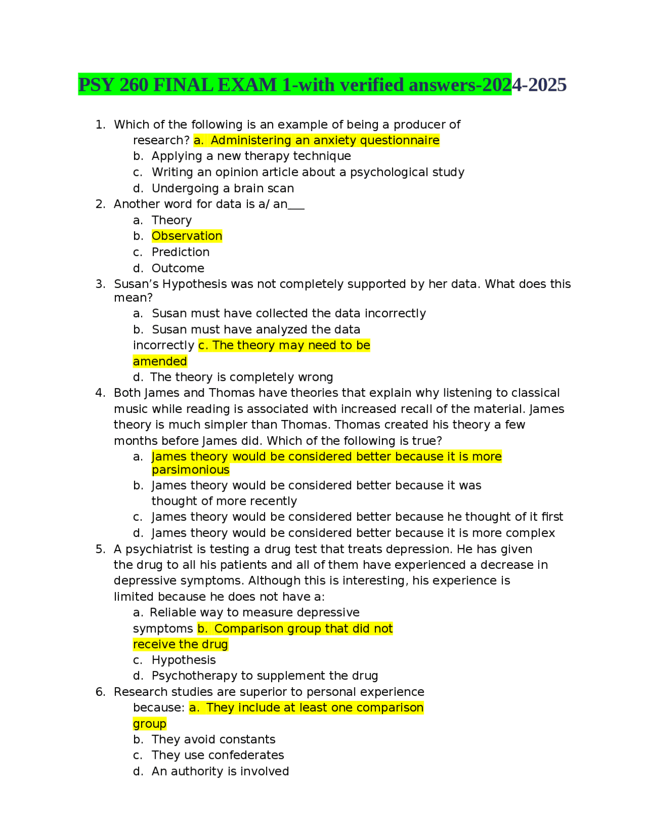 PSY 260 FINAL EXAM 1-with verified answers-2024-2025.docx | Exams ...