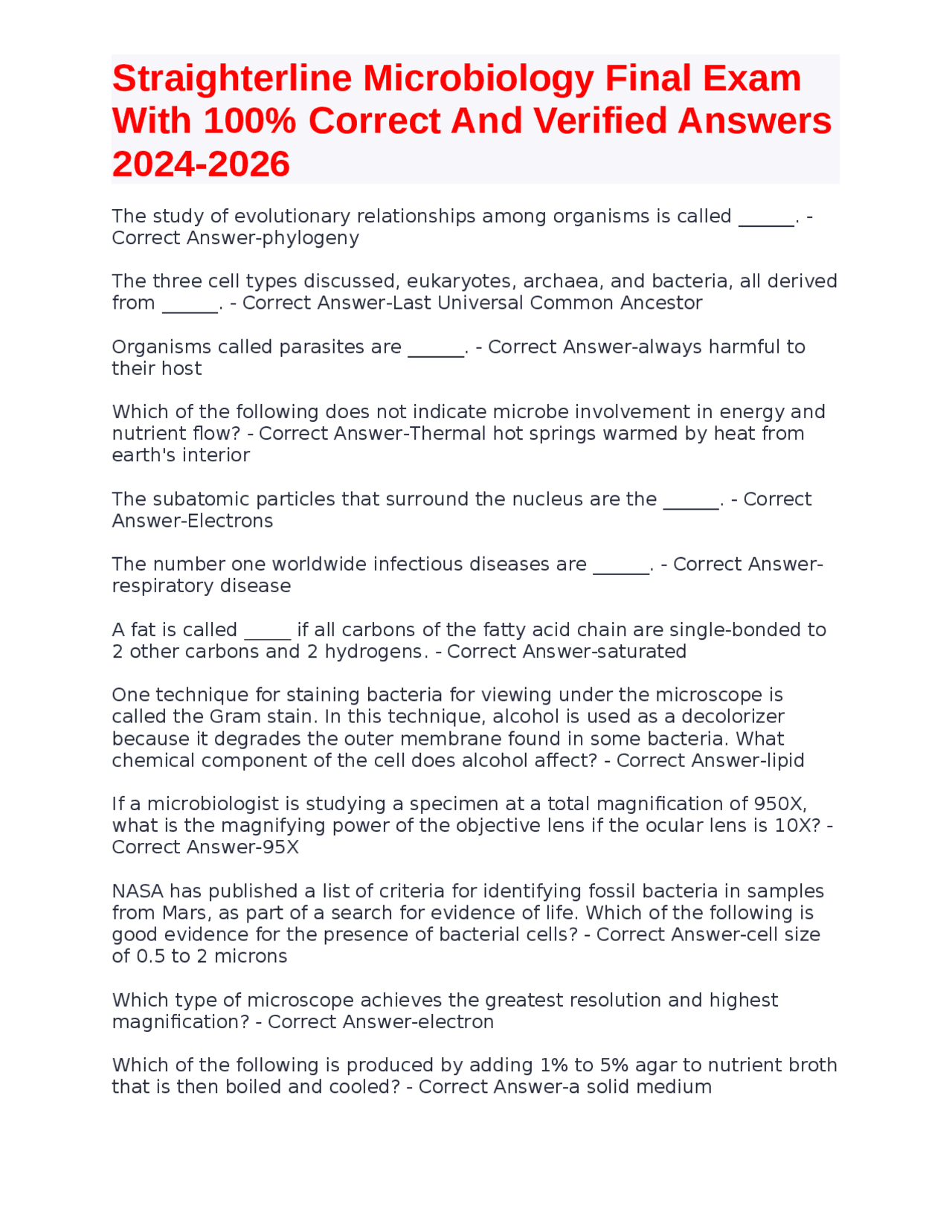 Straighterline Microbiology Final Exam With 100% Correct And Verified ...