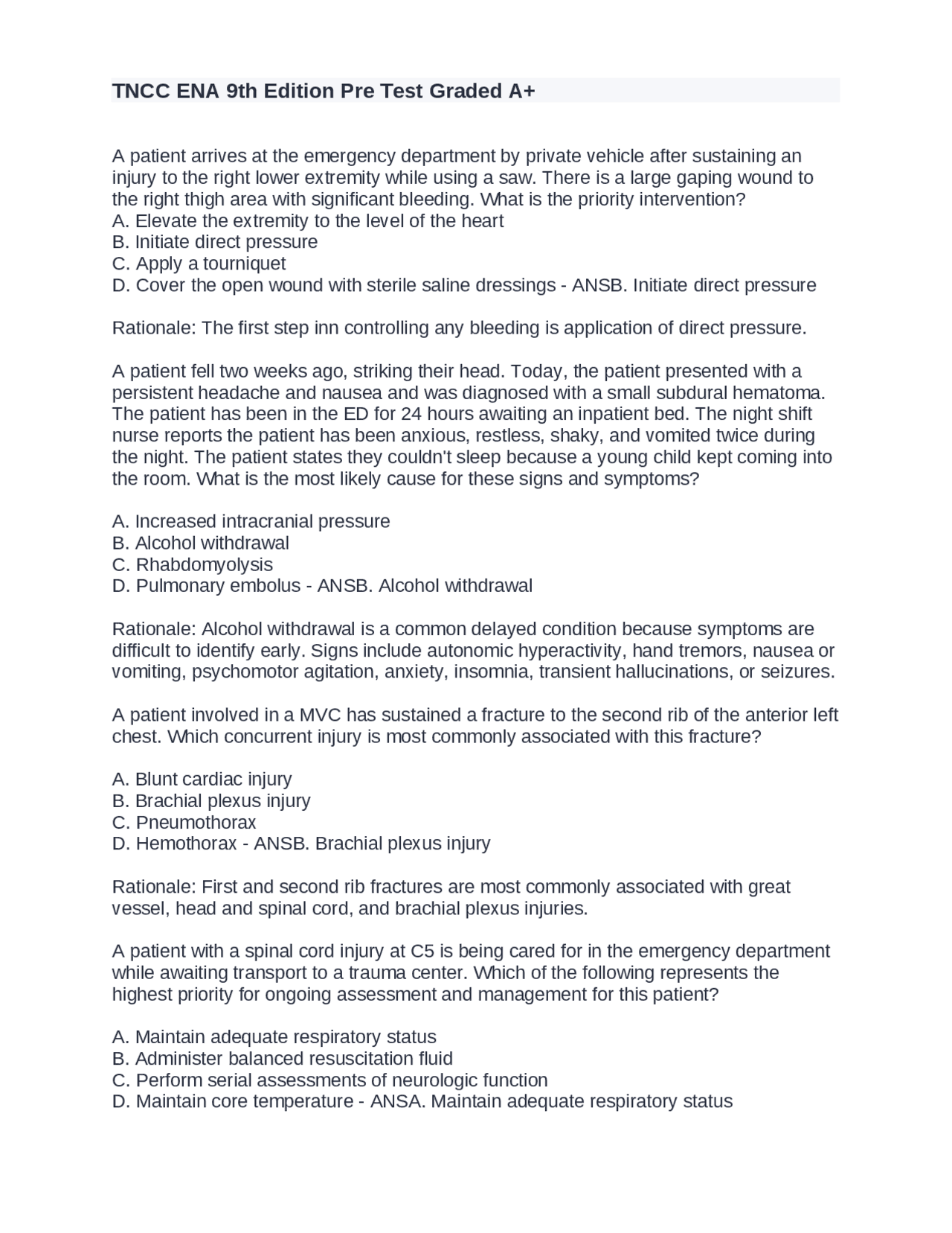 TNCC ENA 9th Edition Pre Test Graded A+.docx | Exams Nursing | Docsity