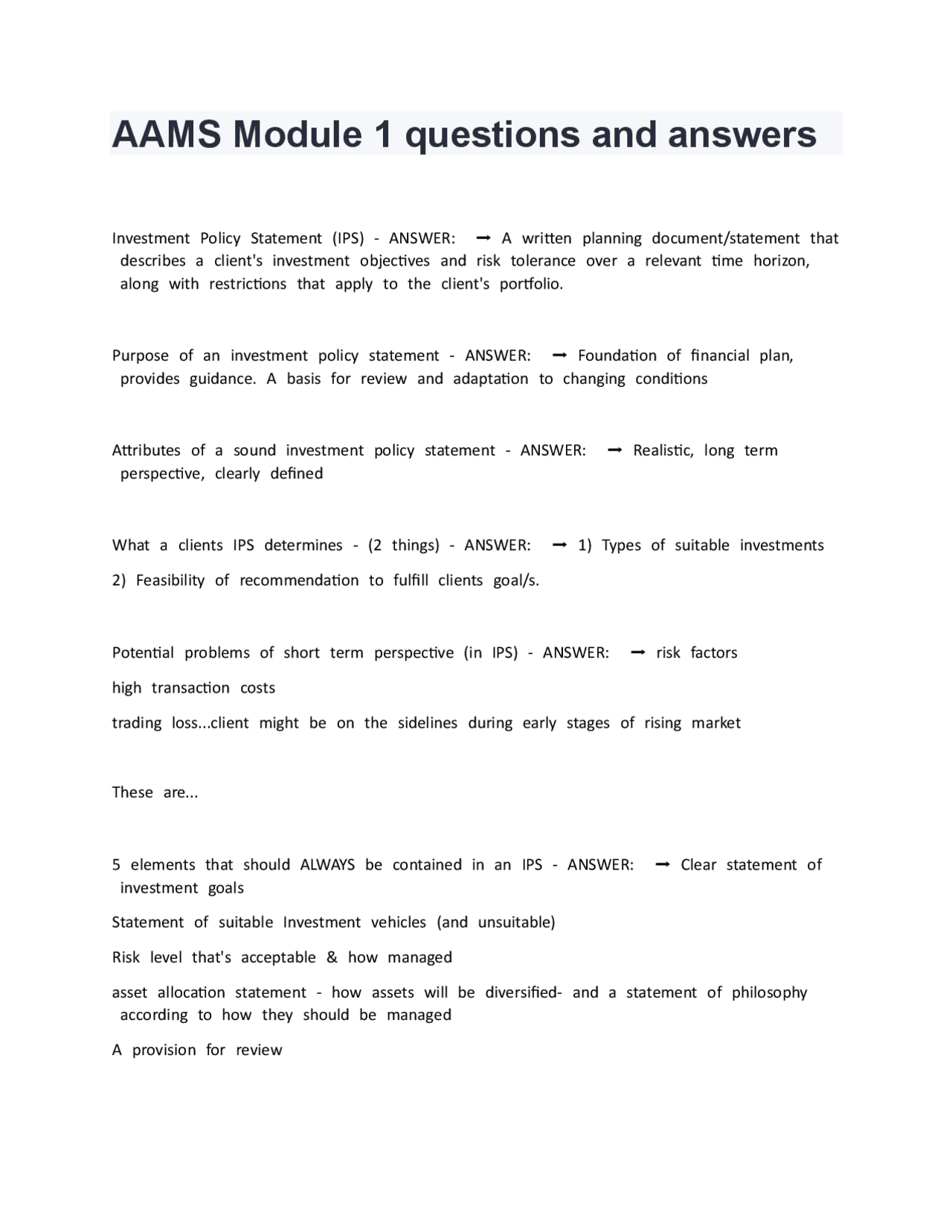 AAMS Module 1 questions and answers | Exams Financial Management | Docsity