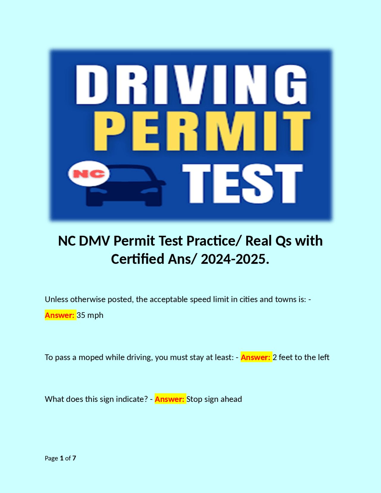 NC DMV Permit Test Practice/ Real Qs with Certified Ans/ 2024-2025 ...