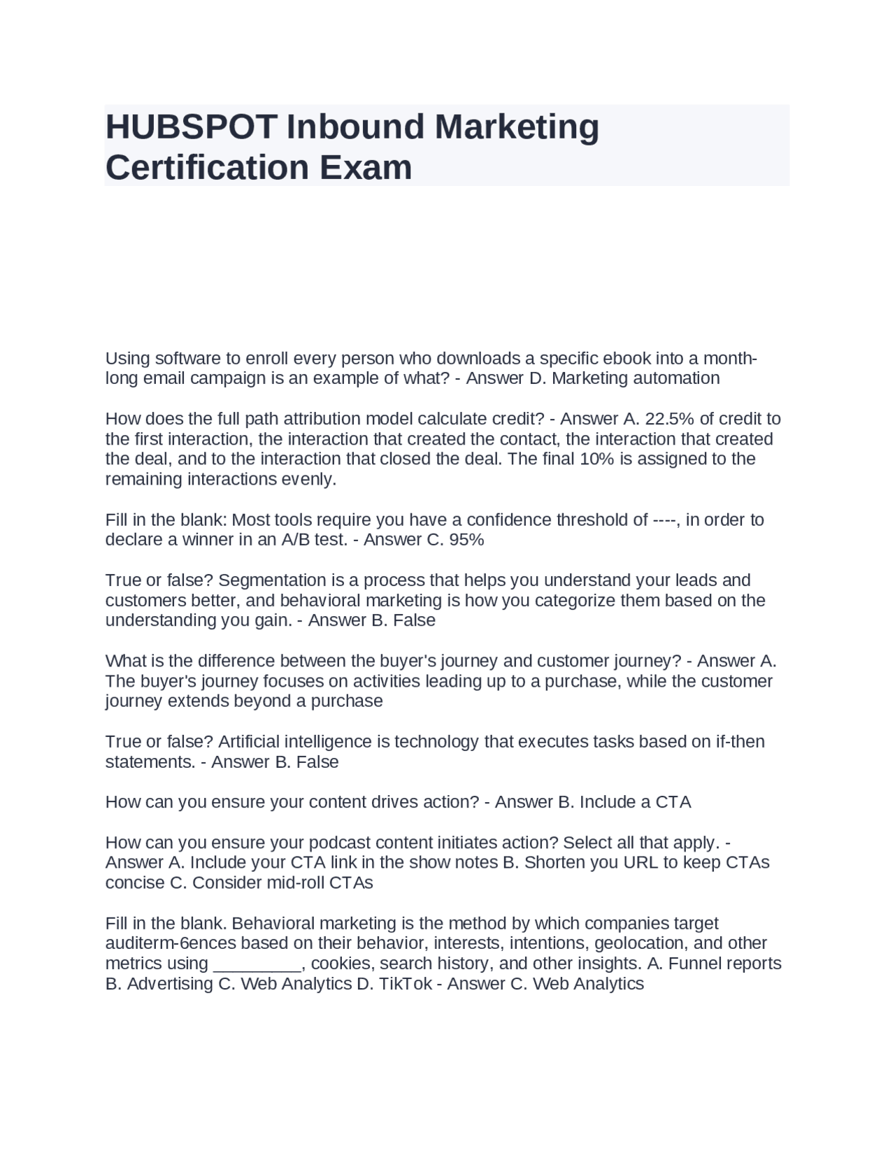 HUBSPOT Inbound Marketing Certification Exam Questions with Complete ...