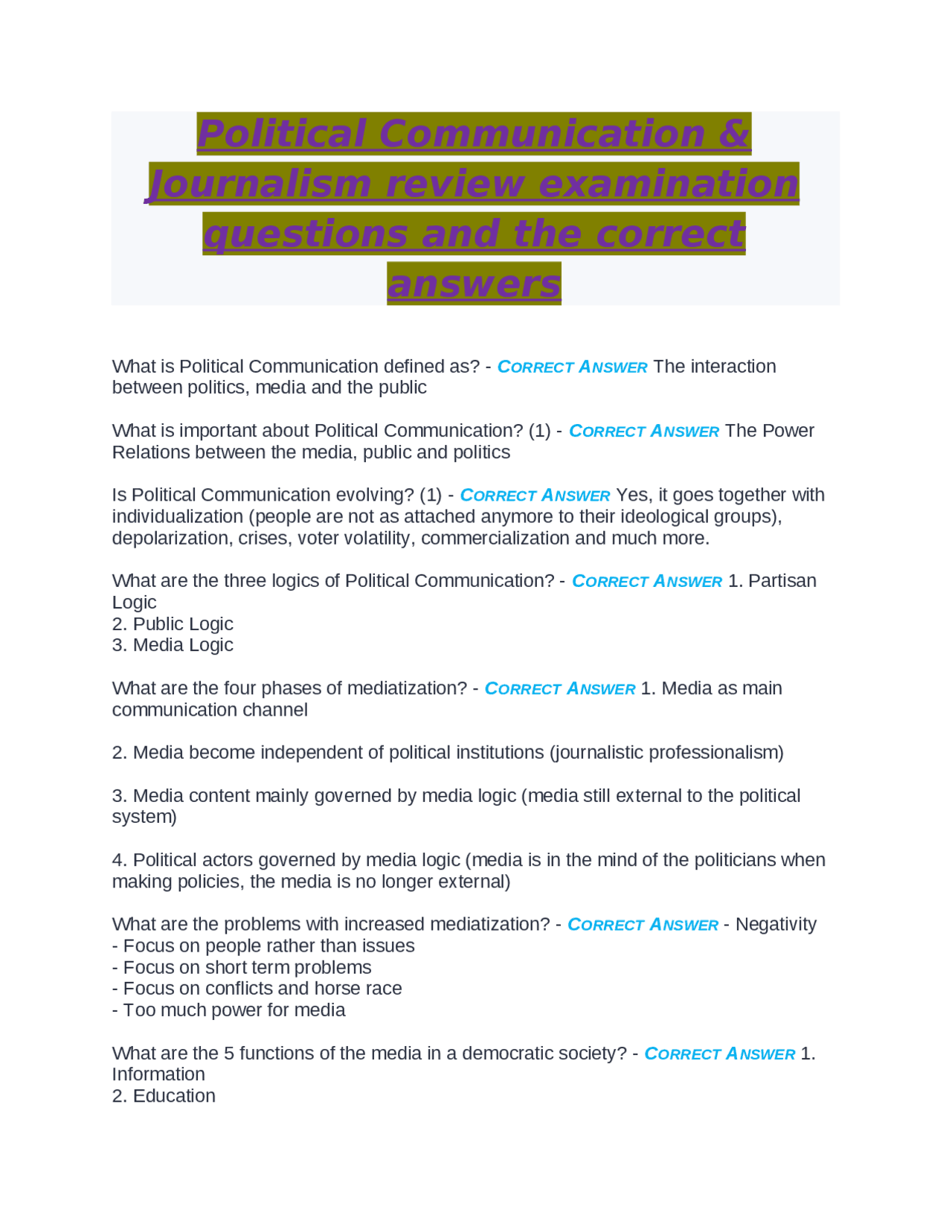 Political Communication & Journalism review examination questions and ...