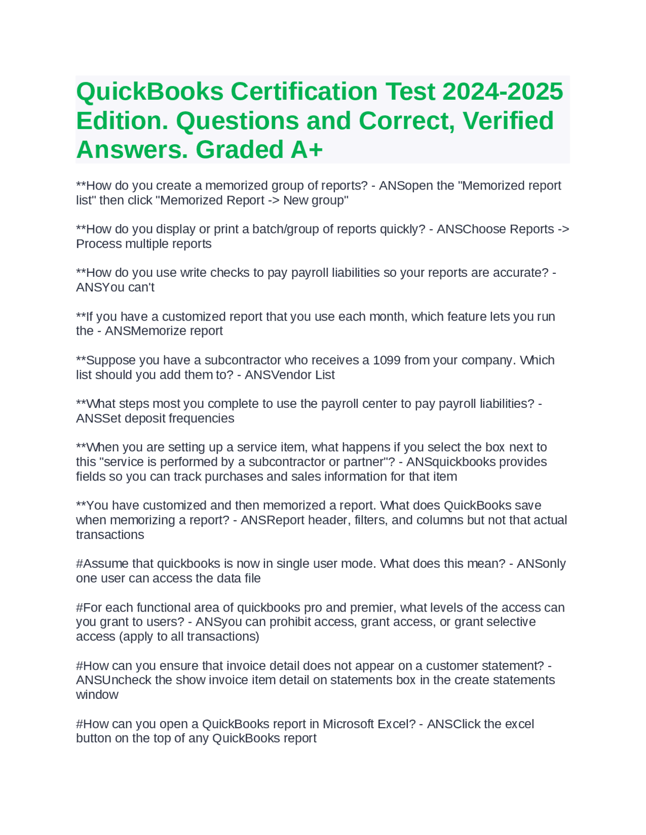 QuickBooks Certification Test 2024-2025 Edition. Questions and Correct ...