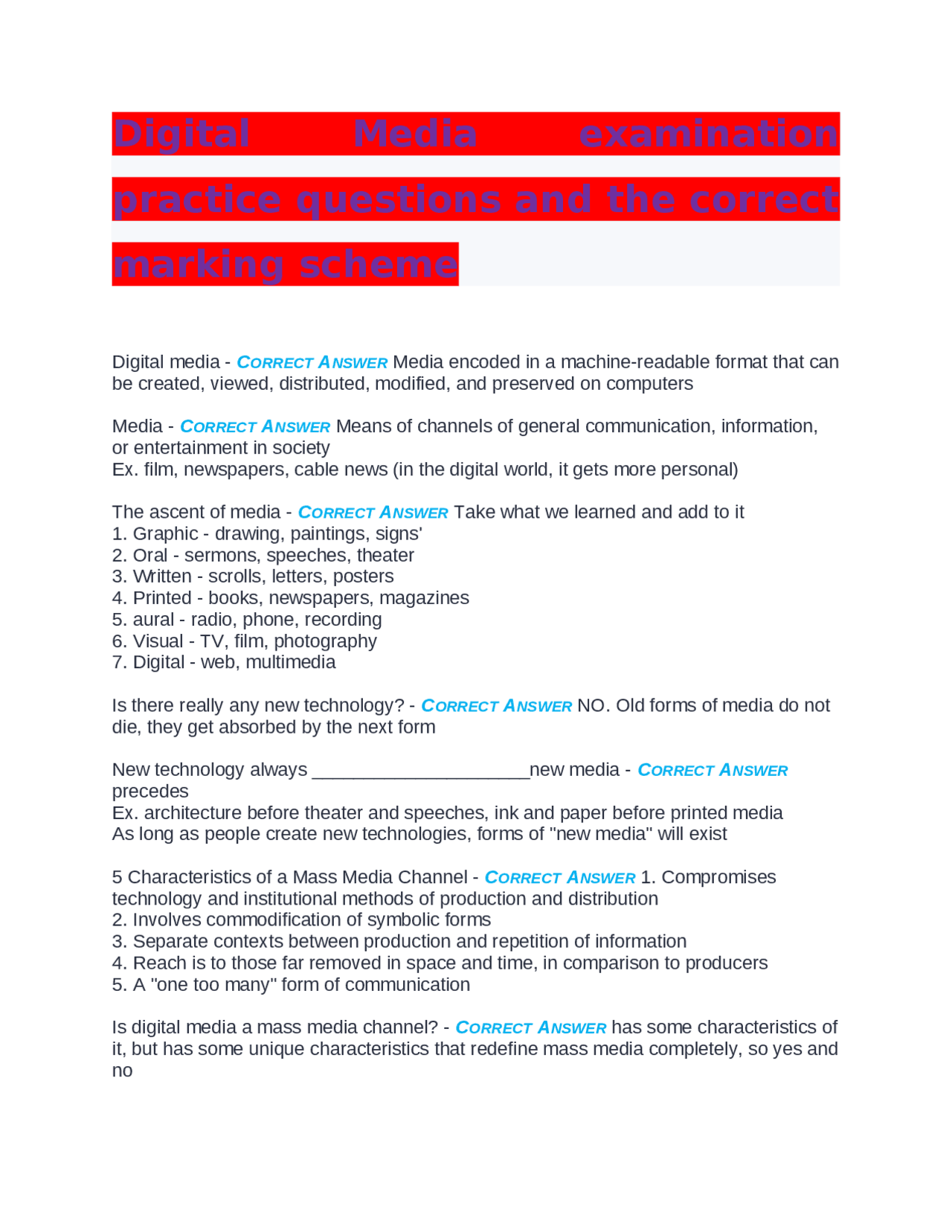 Digital Media examination practice questions and the correct marking ...