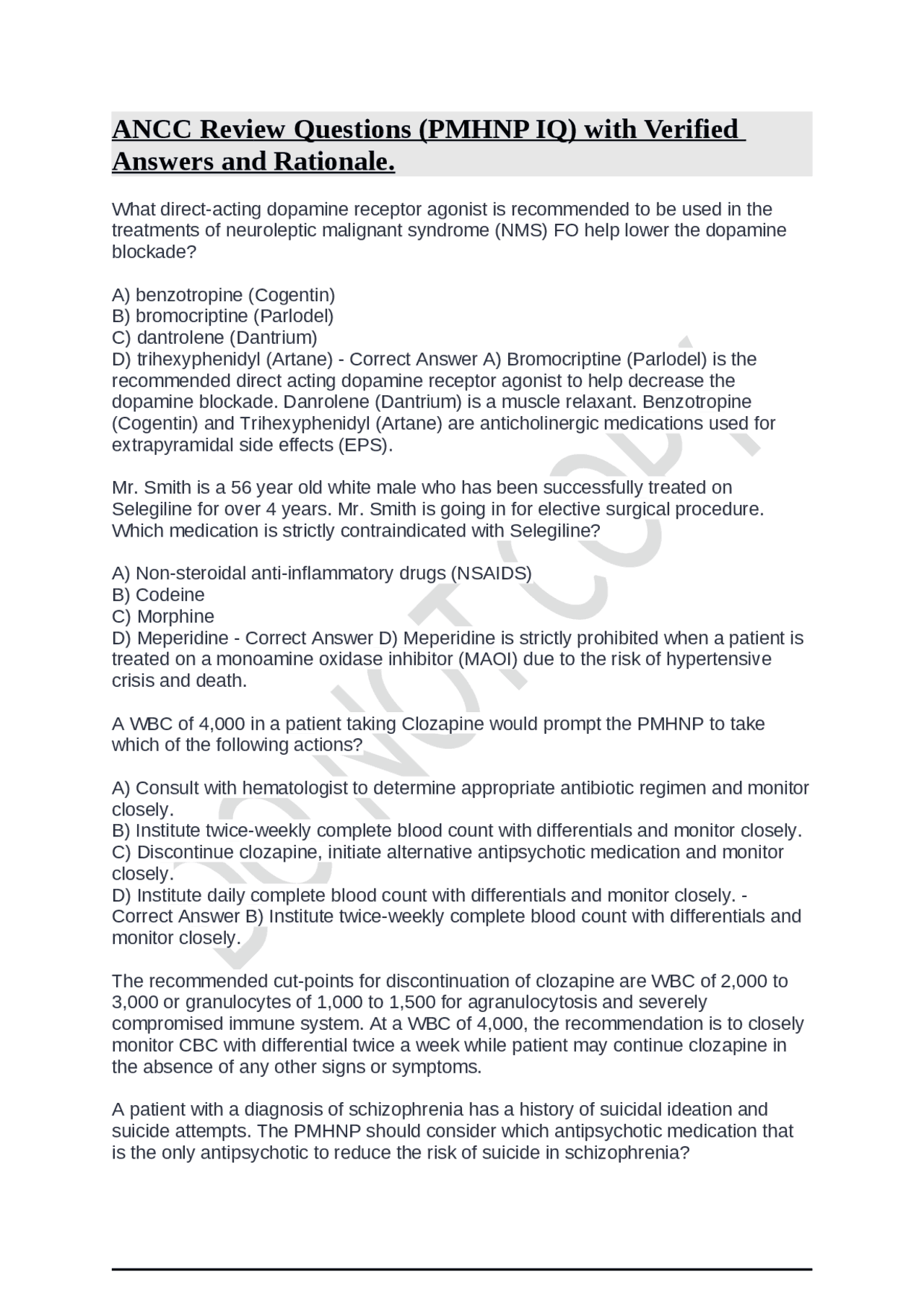 ANCC Review Questions (PMHNP IQ) with Verified Answers and Rationale ...