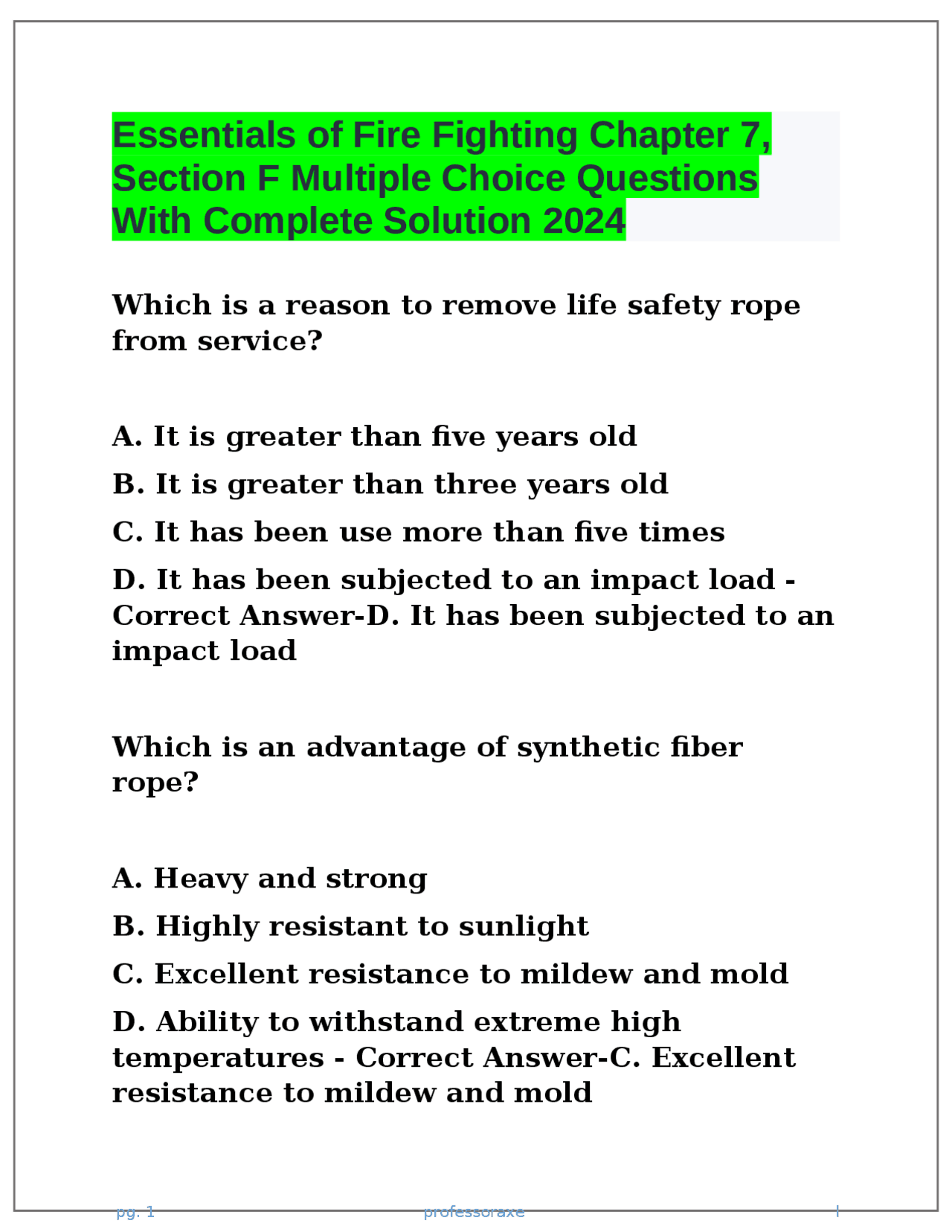 Essentials of Fire Fighting Chapter 7, Section F Multiple Choice ...