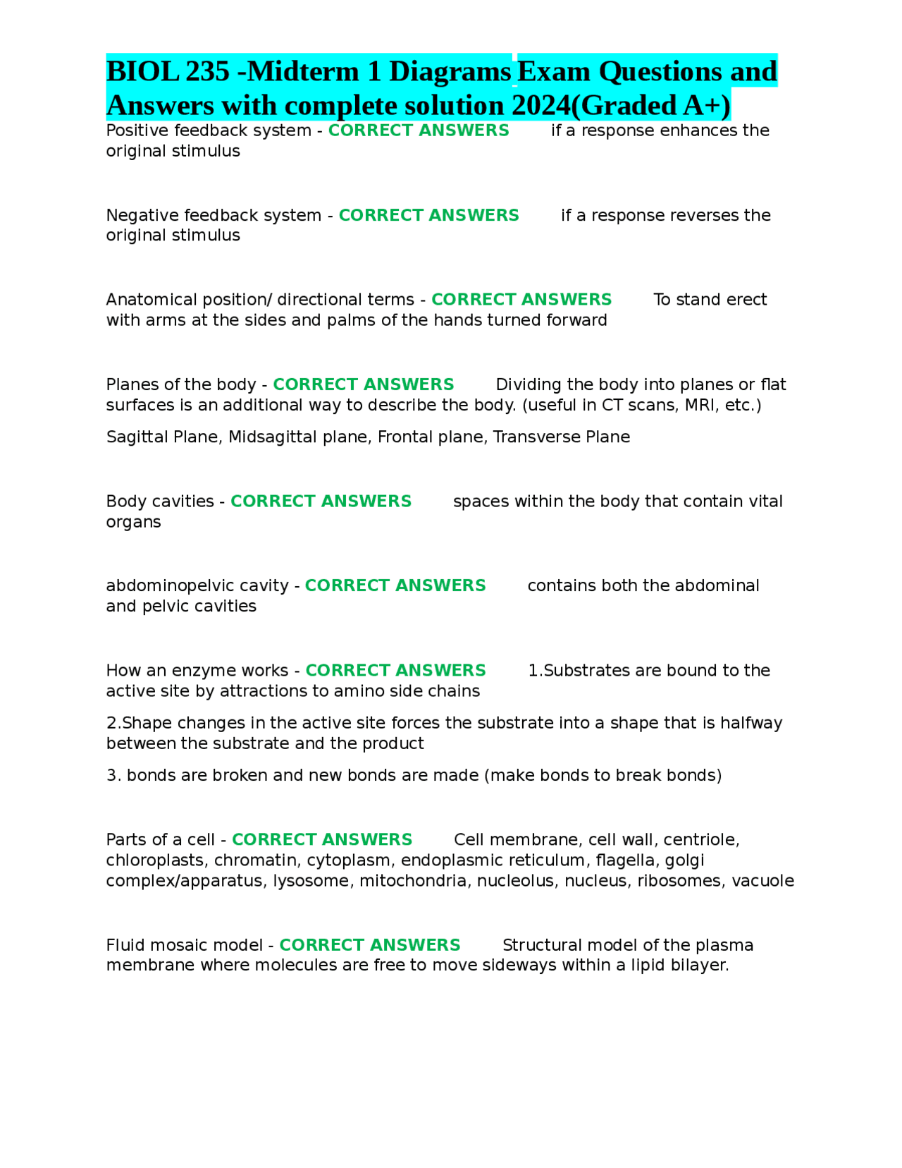 BIOL 235 -Midterm 1 Diagrams Exam Questions and Answers with complete solution 2024(Graded ...